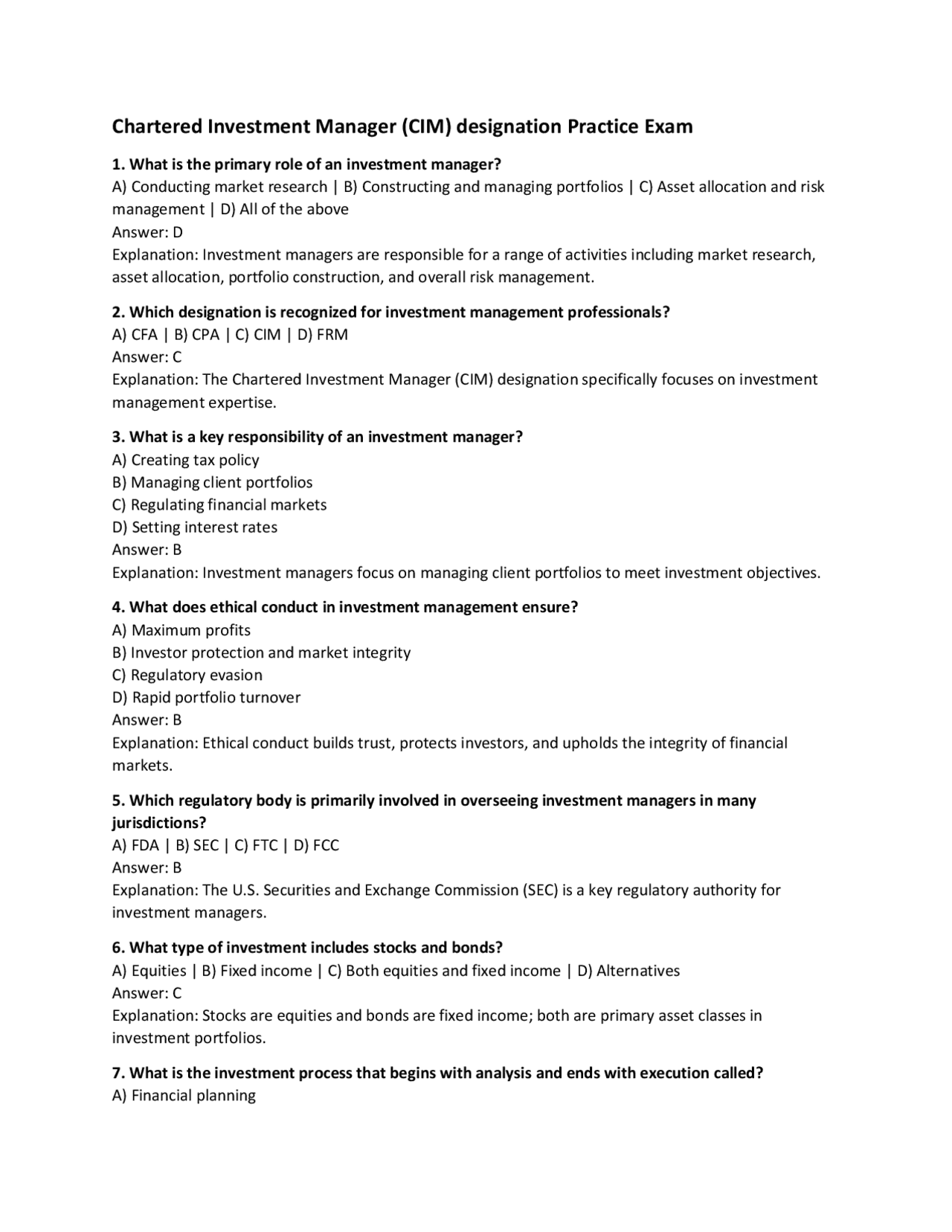 Chartered Investment Manager (CIM) Designation Practice Exam: Questions ...