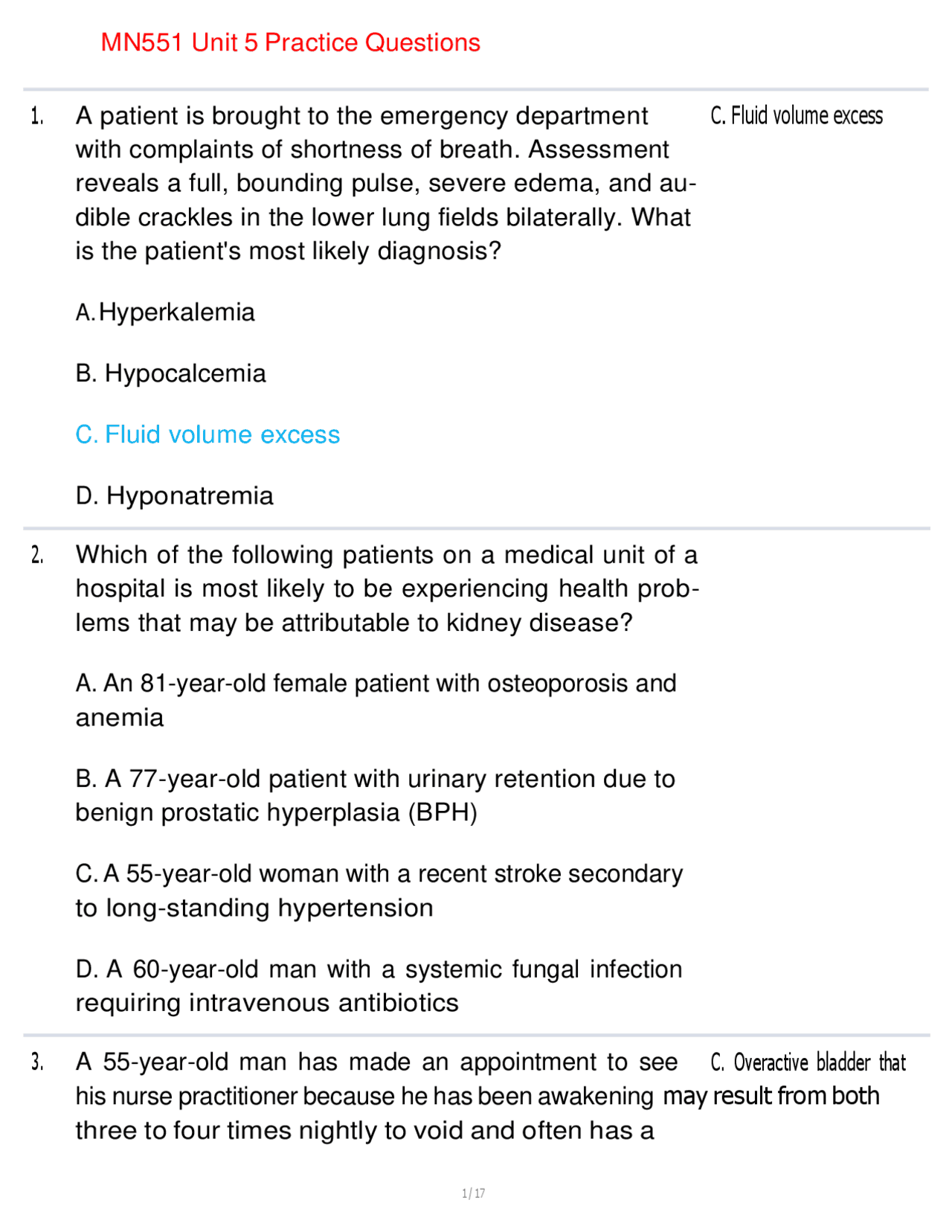 MN551 Unit 5 Practice Questions: Renal and Urinary System Disorders ...