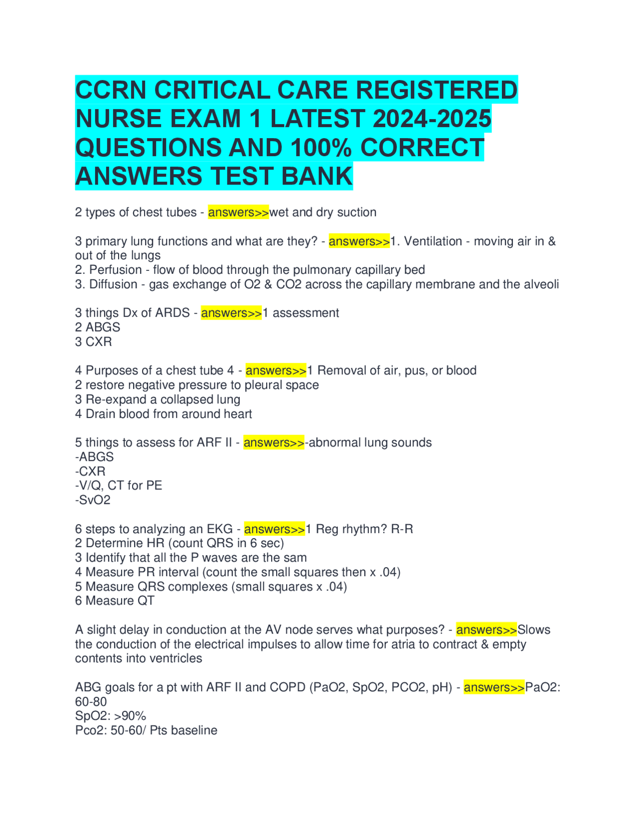 CCRN CRITICAL CARE REGISTERED NURSE EXAM 1 LATEST 2024-2025 QUESTIONS ...