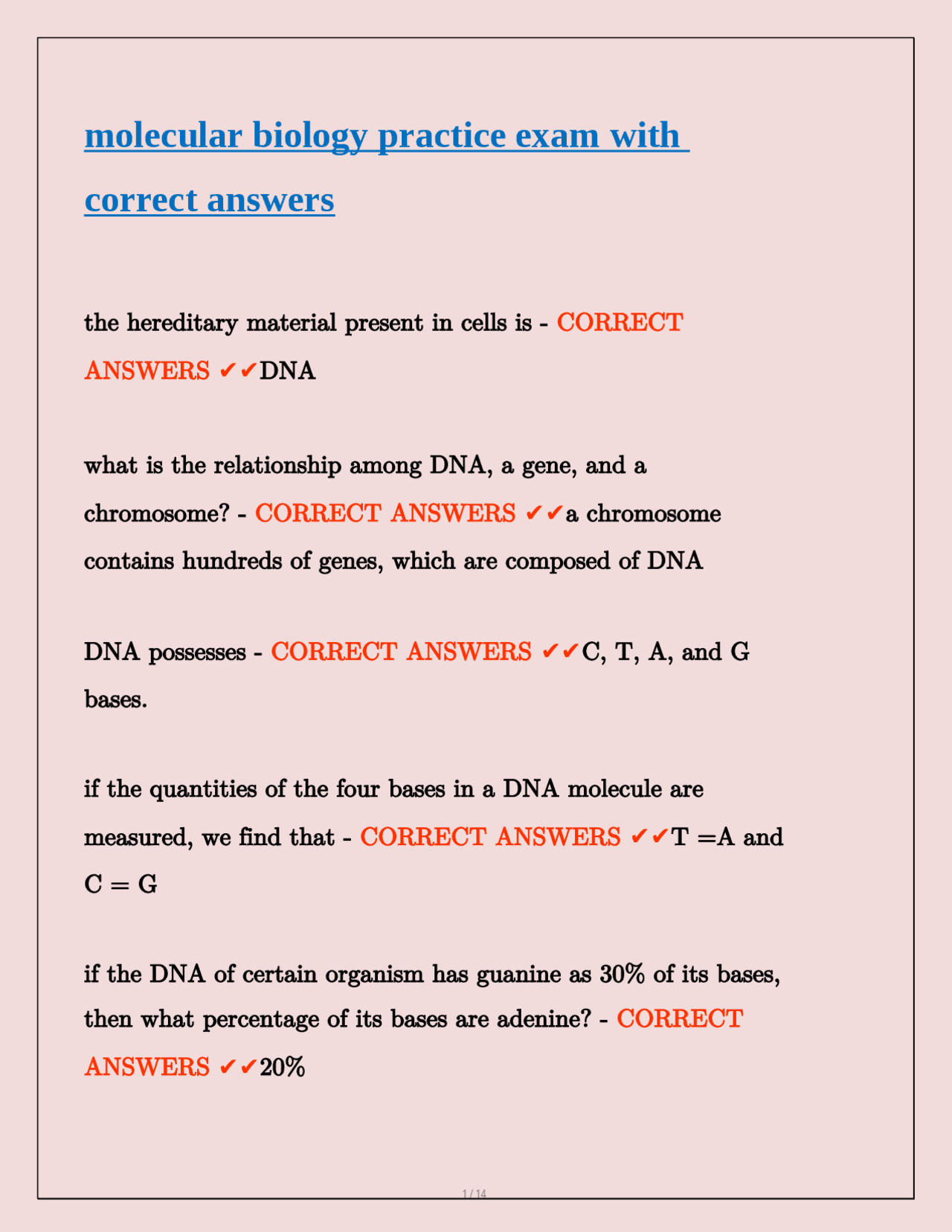 Molecular Biology Practice Exam: DNA, RNA, and Protein Synthesis ...