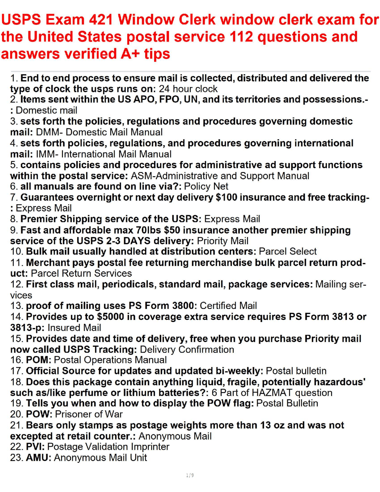 USPS Exam 421 Window Clerk window clerk exam for the United States ...