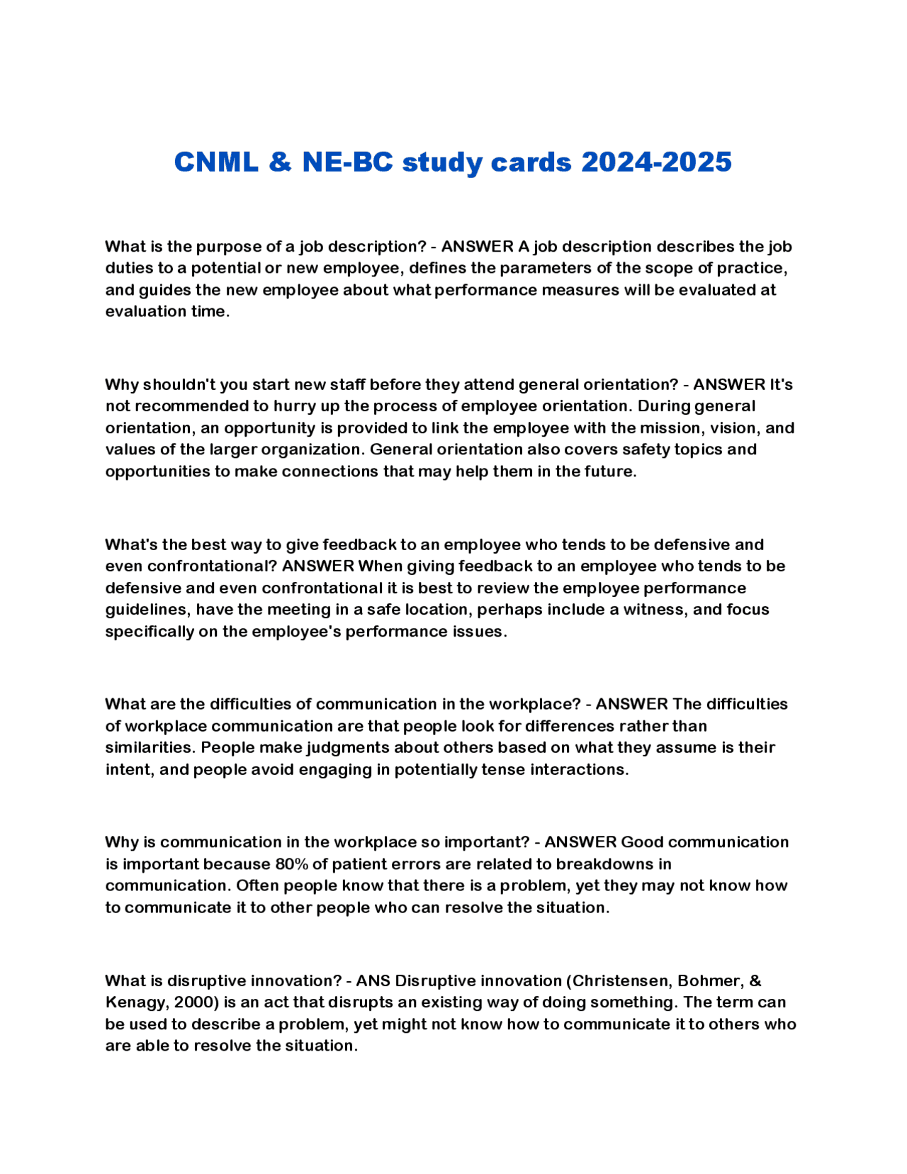 CNML & NE-BC study cards 2024-2025 | Exams Advanced Education | Docsity