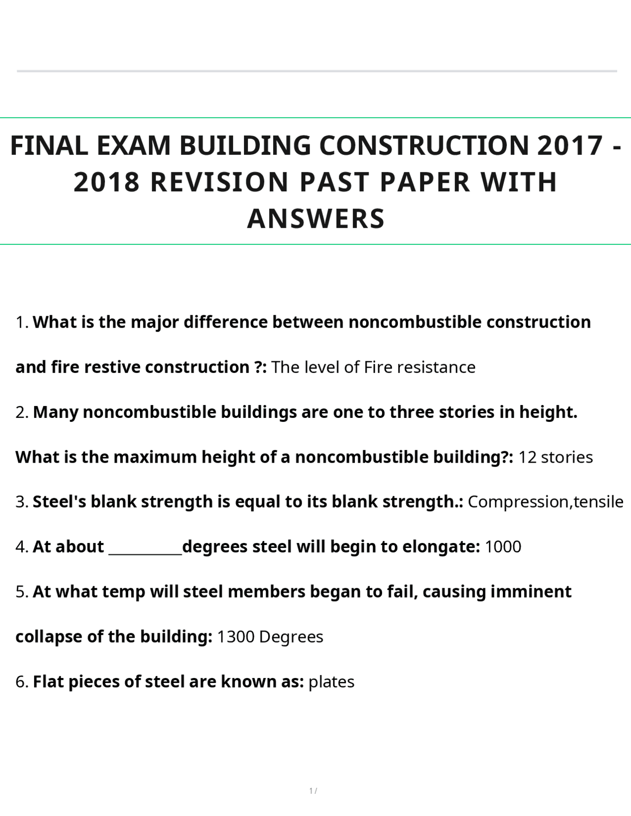 FINAL EXAM BUILDING CONSTRUCTION 2017 -2018 REVISION PAST PAPER WITH ...