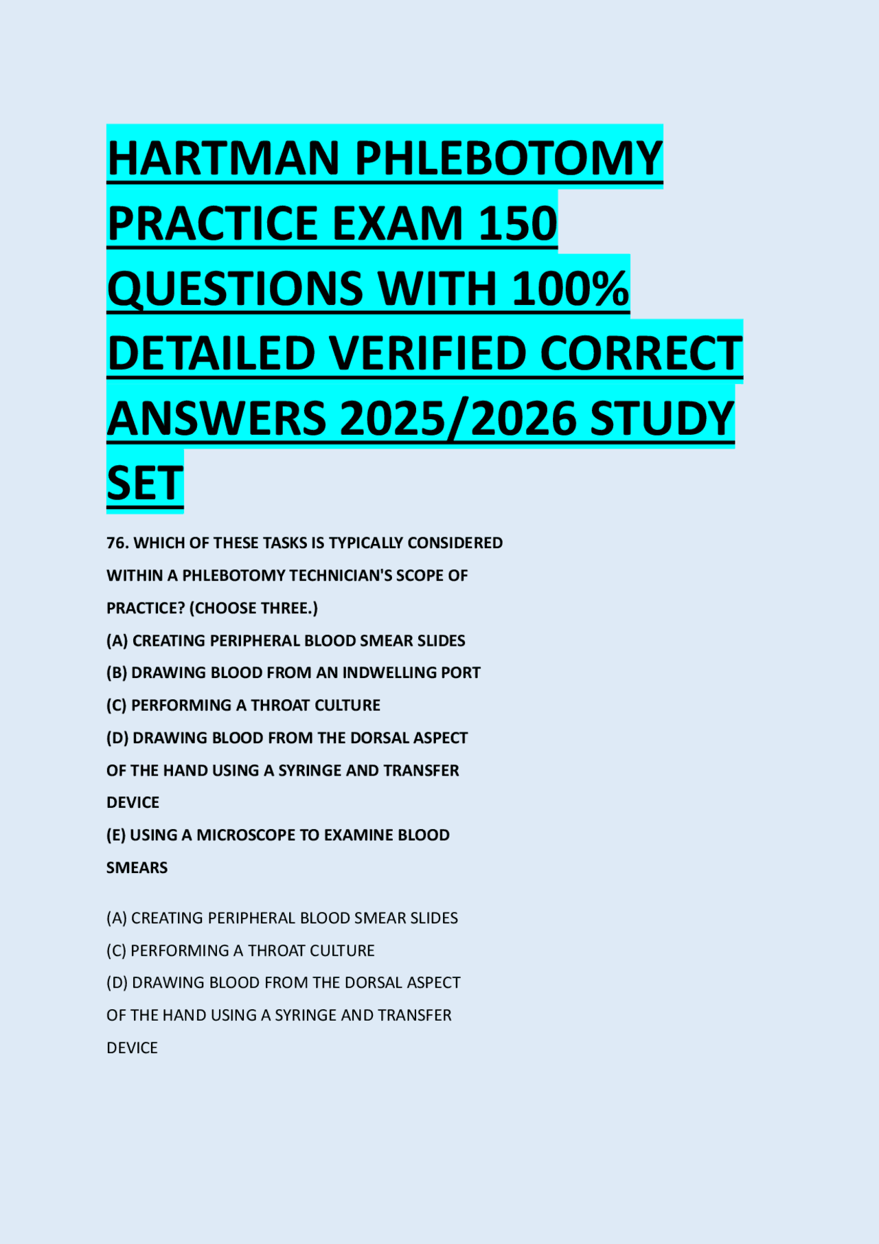 HARTMAN PHLEBOTOMY PRACTICE EXAM 150 QUESTIONS WITH 100% DETAILED ...