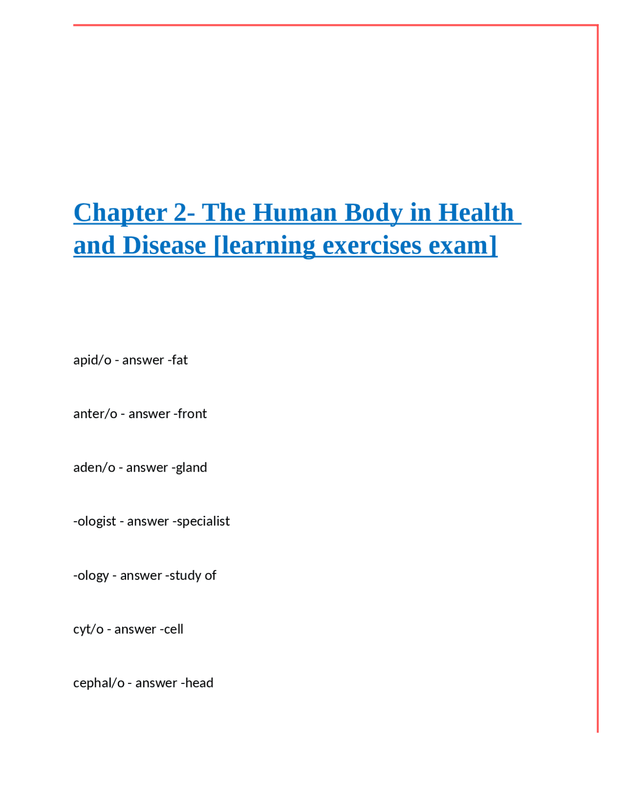 Chapter 2- The Human Body in Health and Disease [learning exercises ...