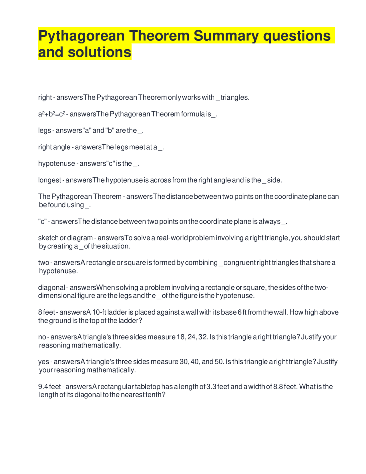 Pythagorean Theorem Summary questions and solutions | Exams Nursing ...