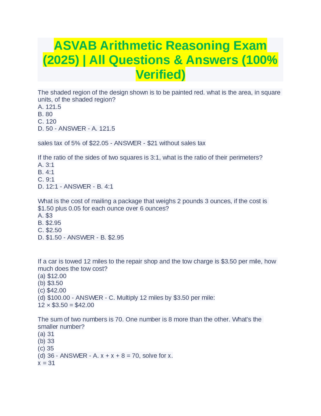 ASVAB Arithmetic Reasoning Exam (2025) | All Questions & Answers (100% ...