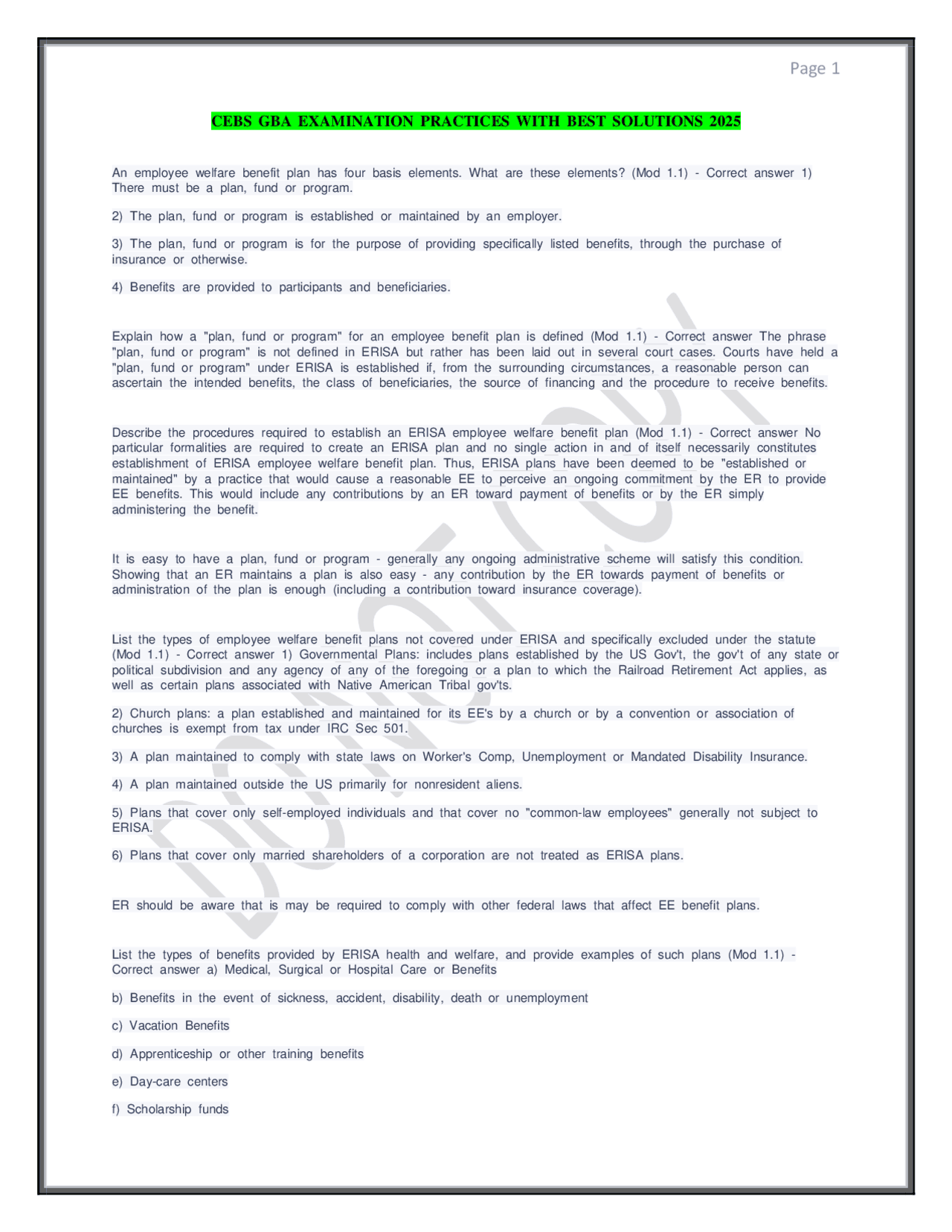 CEBS GBA EXAMINATION PRACTICES WITH BEST SOLUTIONS 2025 | Exams ...