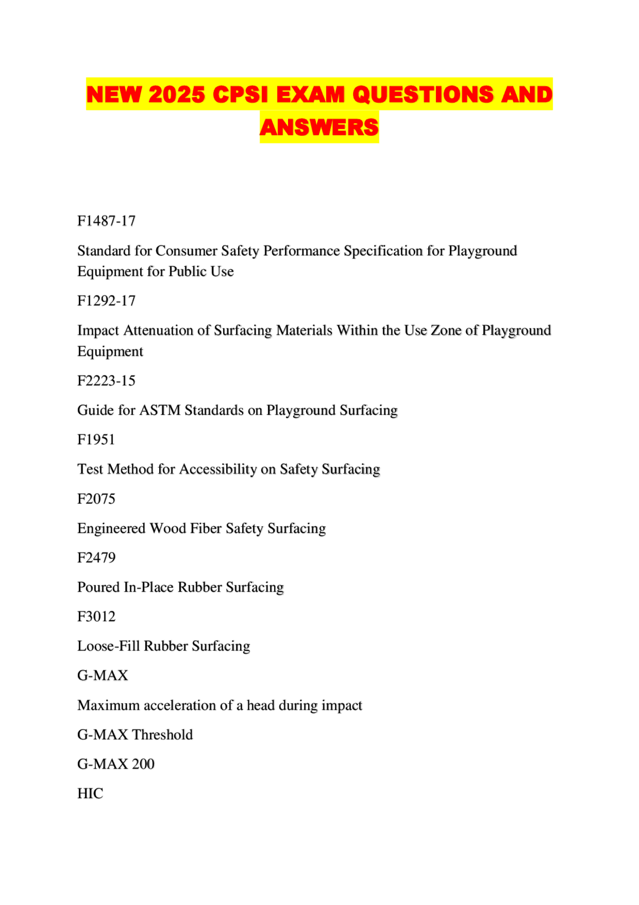 Playground Safety: 2025 CPSI Exam Questions and Answers | Exams ...