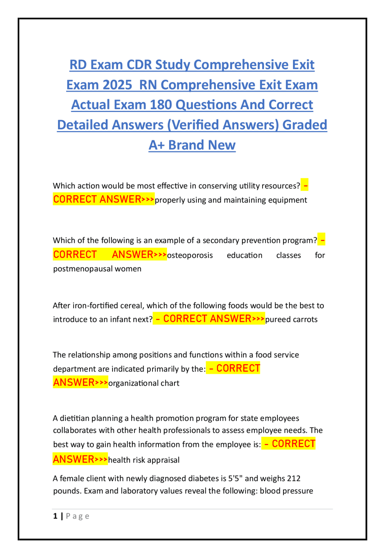 RD Exam CDR Study Comprehensive Exit Exam 2025 RN Comprehensive Exit Exam Actual Exam | Exams ...