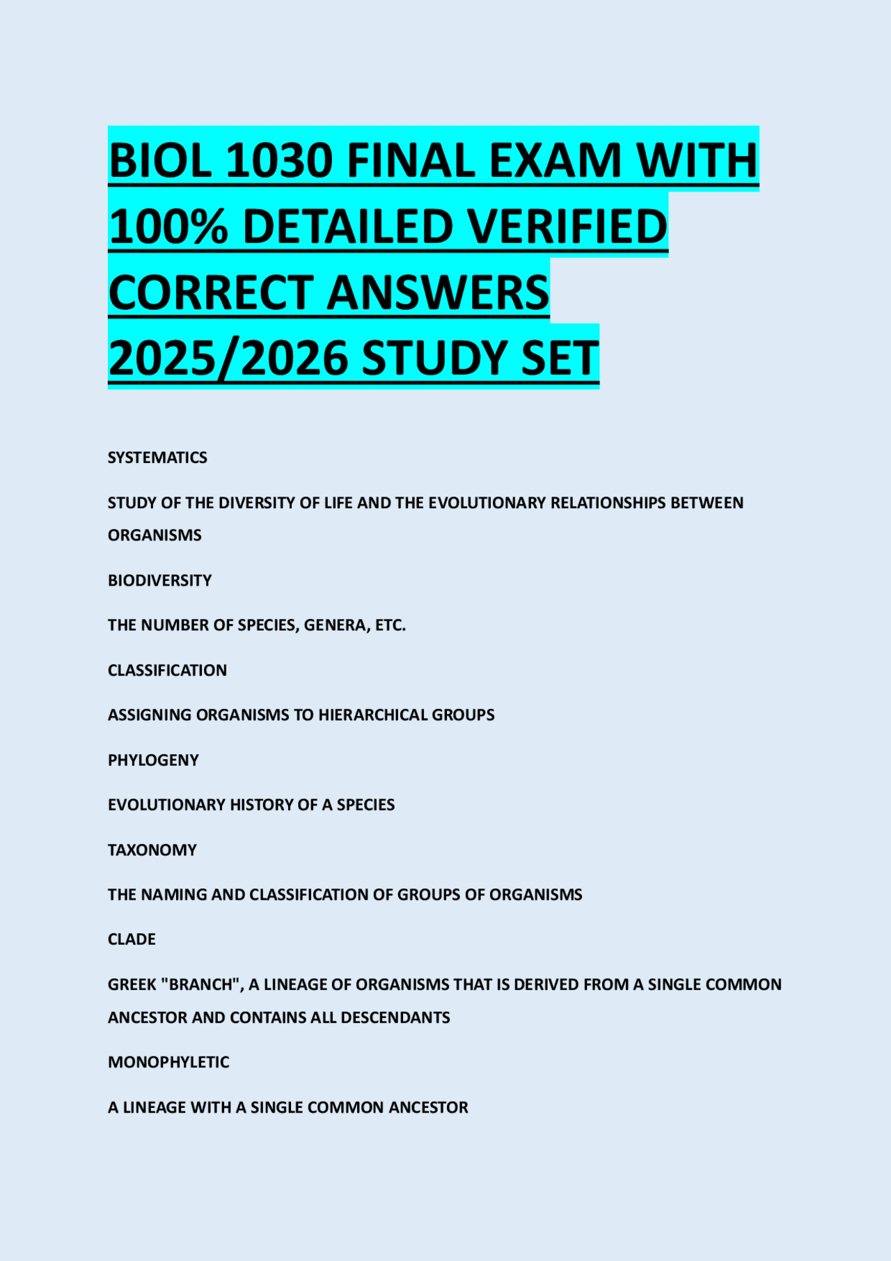 BIOL 1030 FINAL EXAM WITH 100% DETAILED VERIFIED CORRECT ANSWERS 2025/ ...