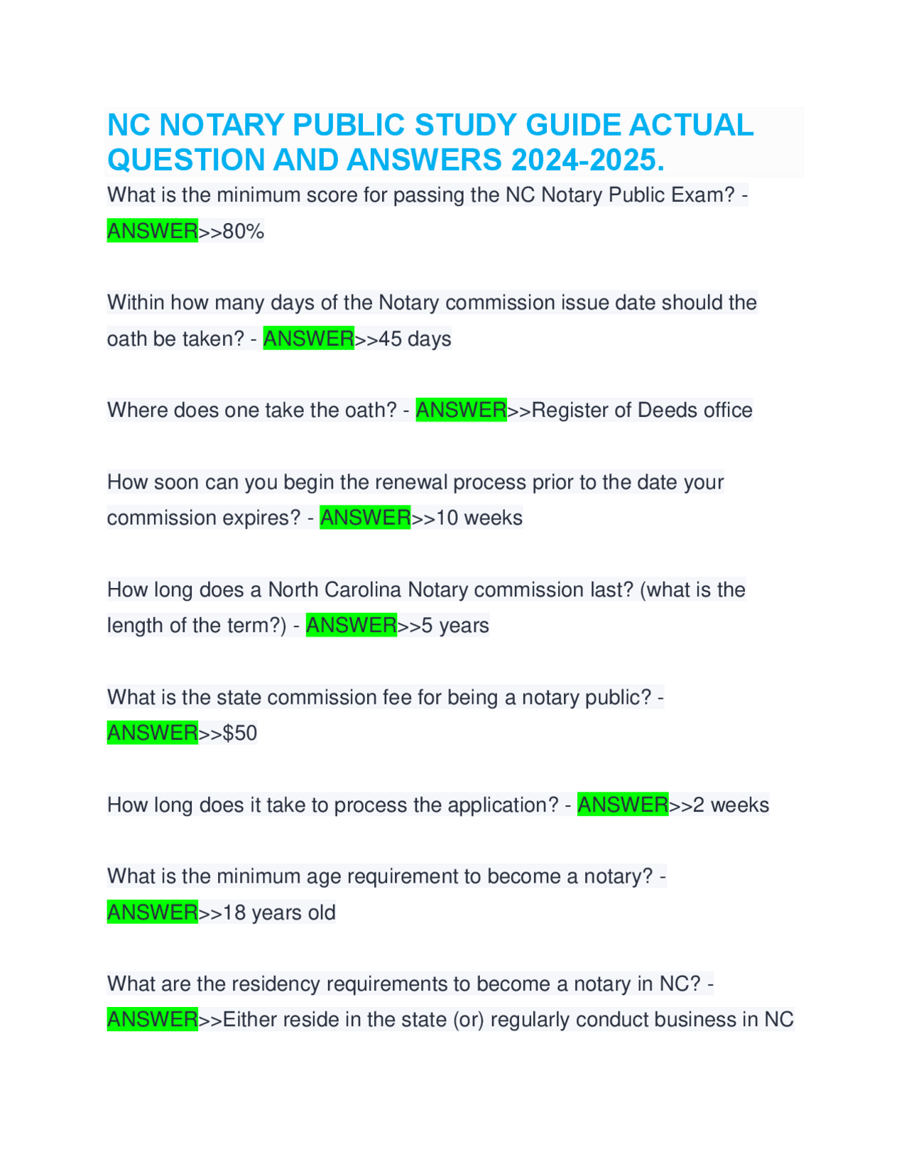 NC Notary Public Exam Study Guide: Questions and Answers 2024-2025 ...