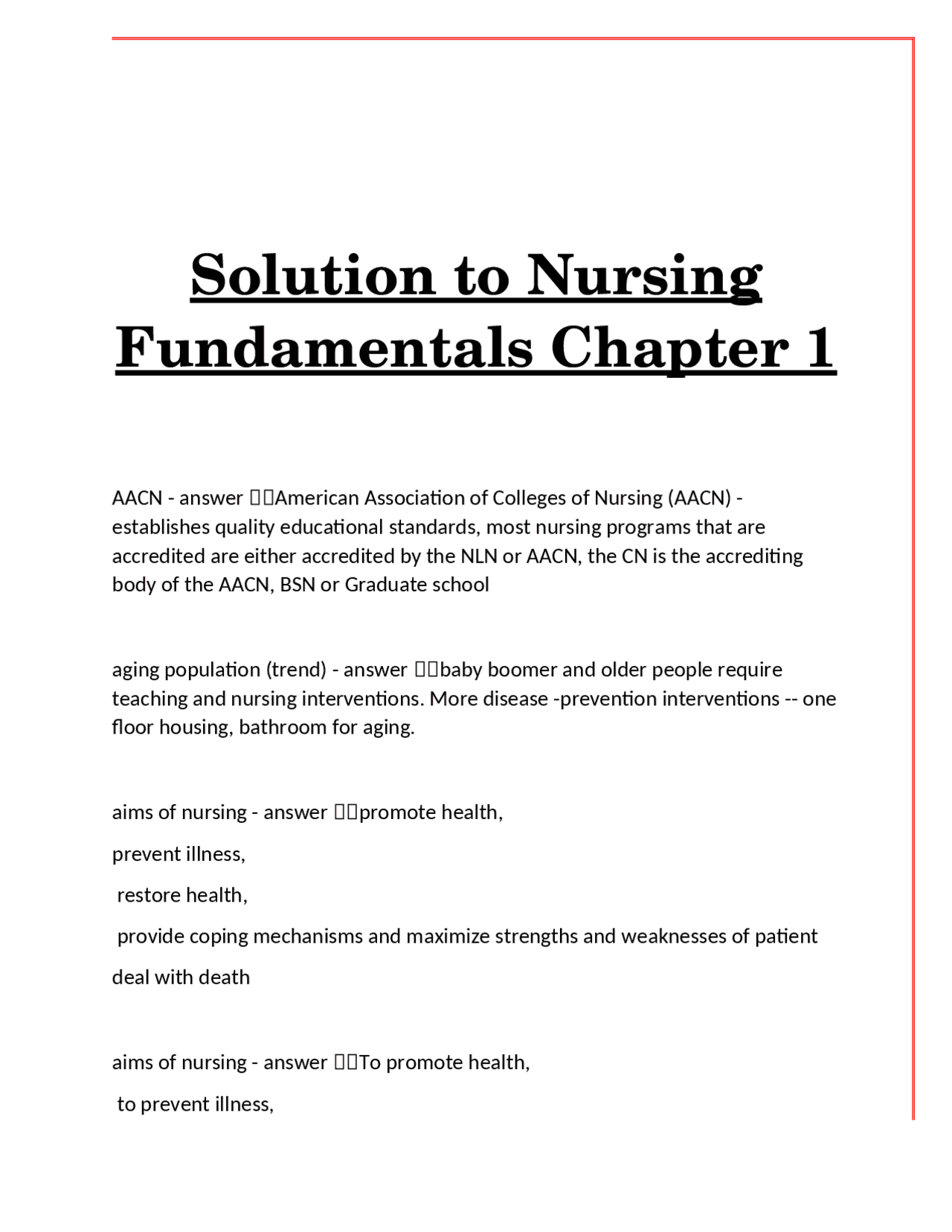 Solution to Nursing Fundamentals Chapter 1.docx | Exams Nursing | Docsity