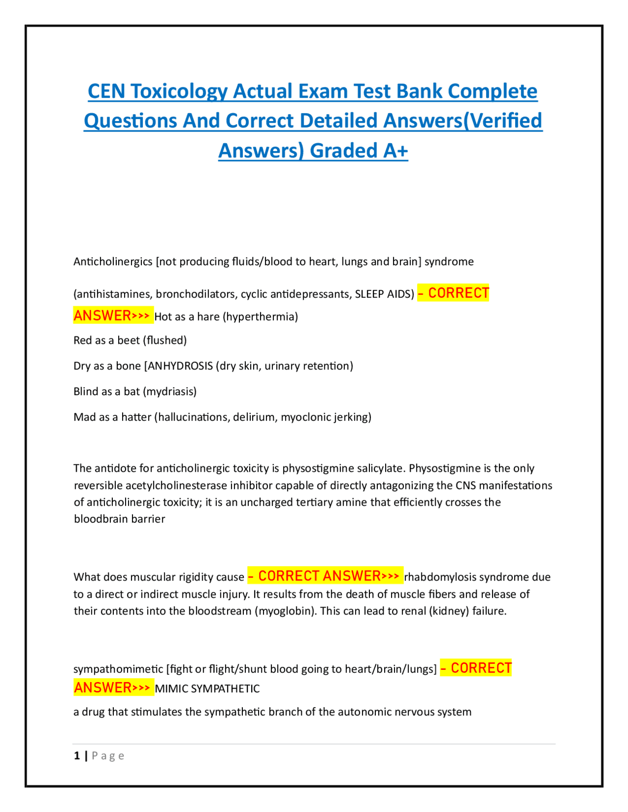CEN Toxicology Actual Exam Test Bank Complete Questions And Correct ...