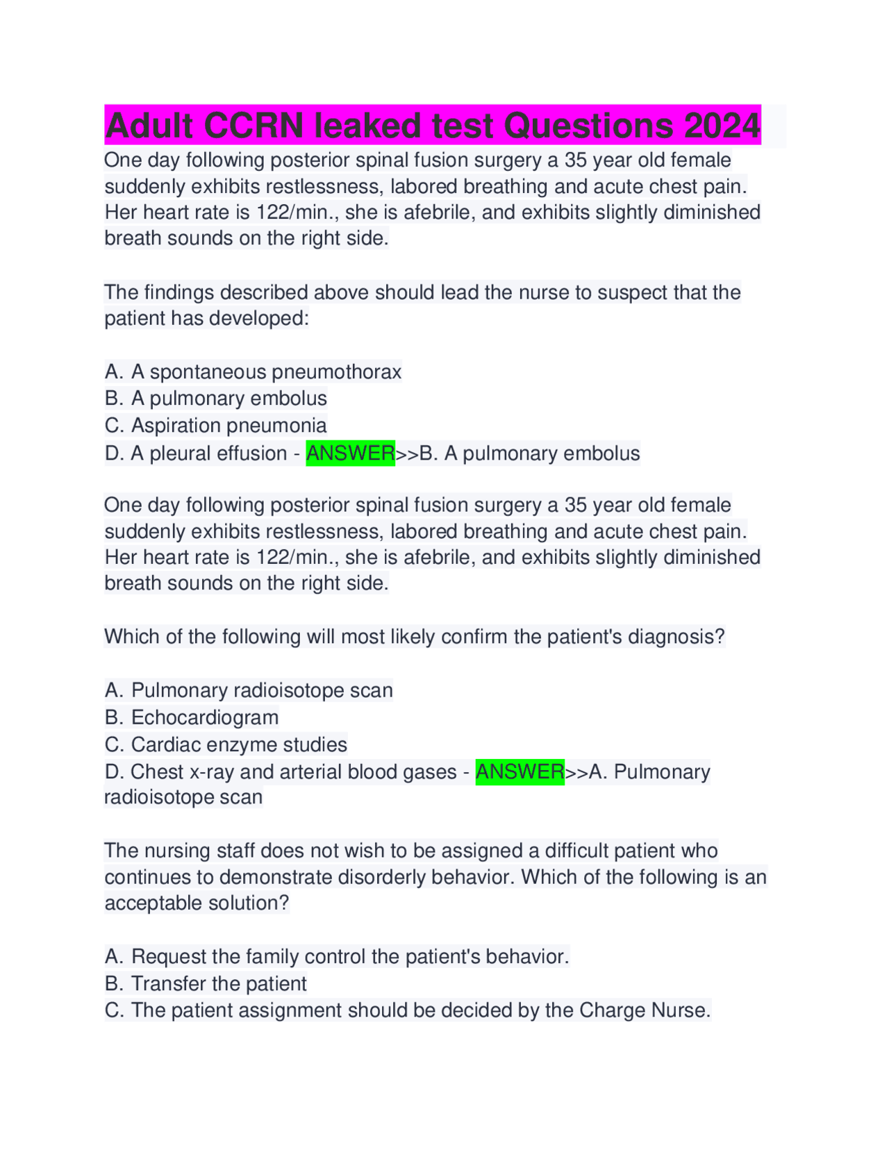 Adult CCRN leaked test Questions 2024-2025 | Exams Nursing | Docsity