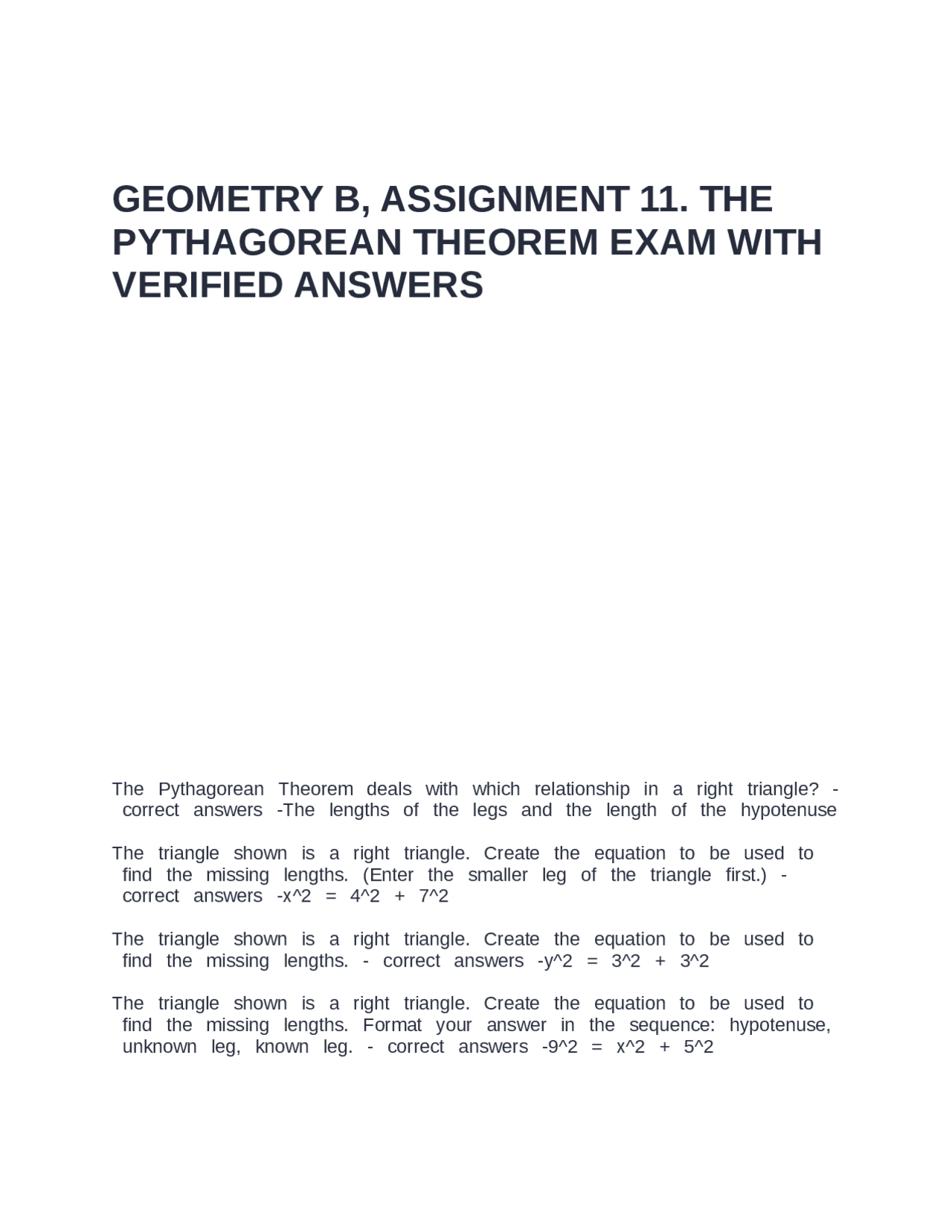 Geometry B, Assignment 11. The Pythagorean Theorem | Exams Advanced ...