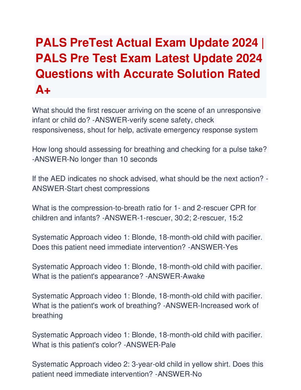 PALS PreTest Actual Exam Update 2024 | PALS Pre Test Exam Latest Update ...