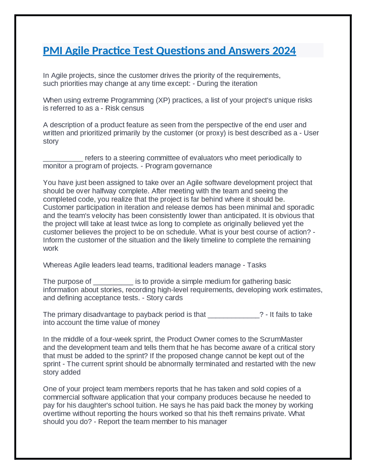 Agile Project Management: Practice Test Questions and Answers | Exams ...