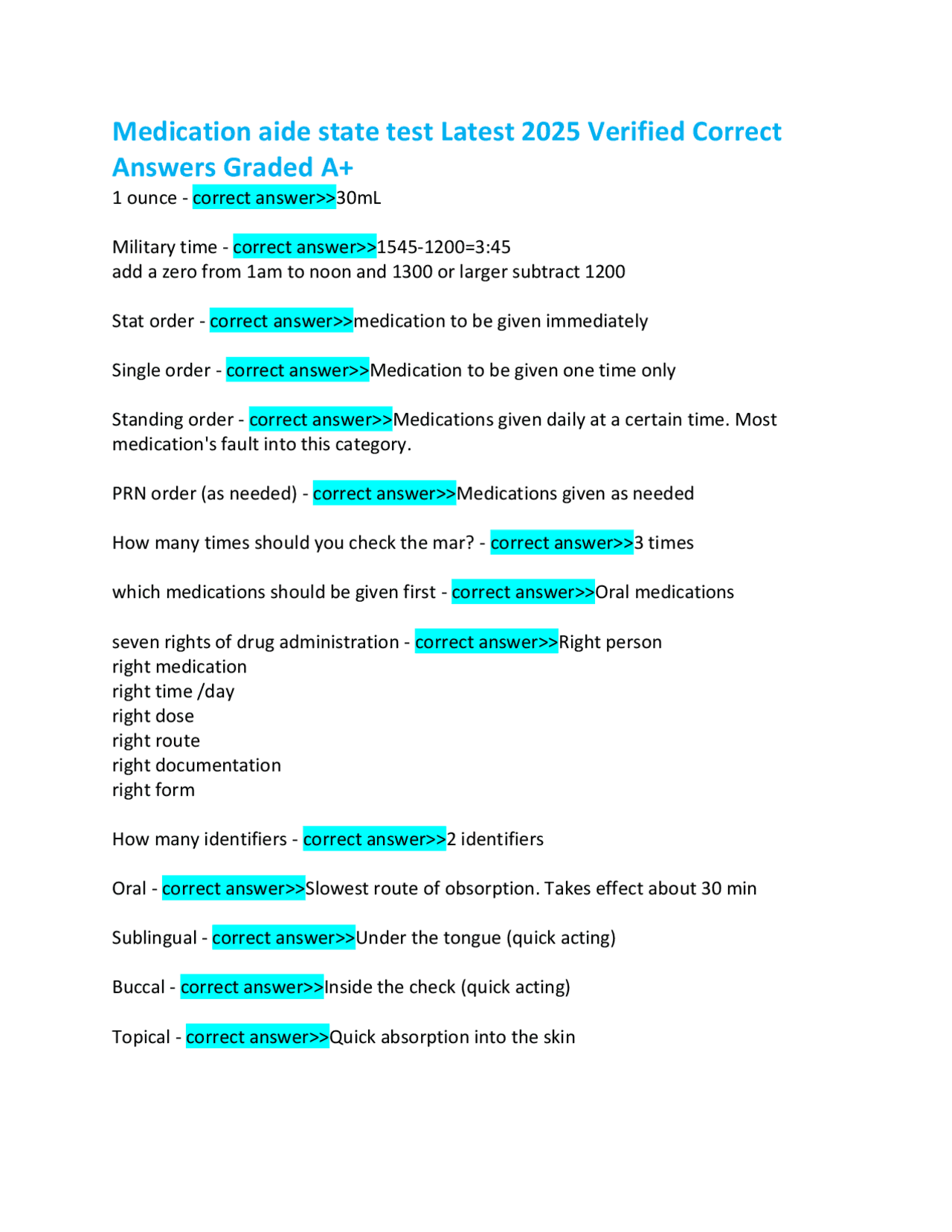 Medication Aide State Test Latest 2025 Verified Correct Answers Graded
