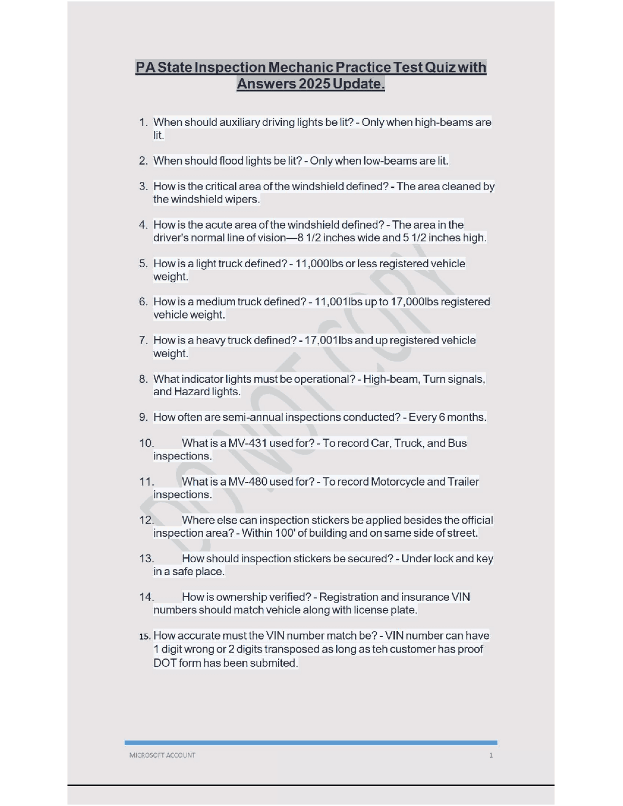 PA State Inspection Mechanic Practice Test Quiz with Answers 2025 ...