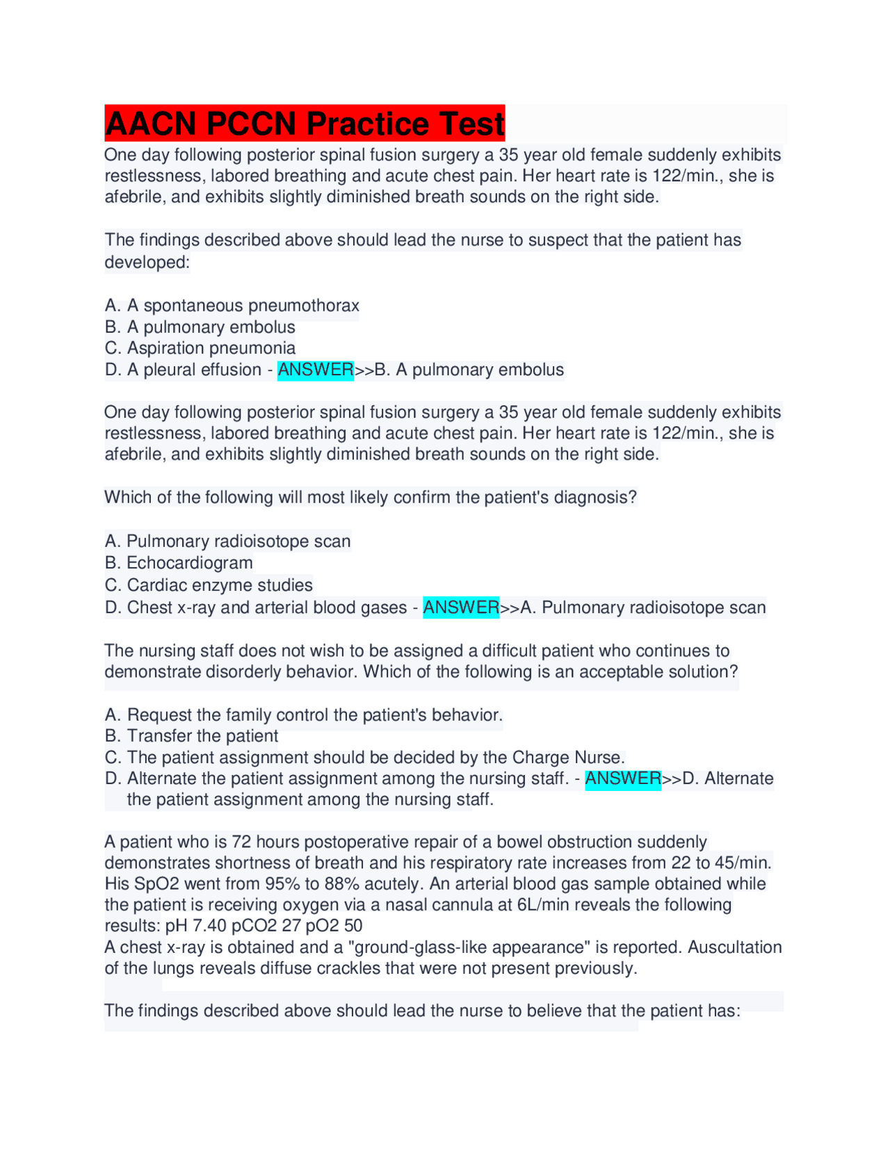 AACN PCCN Practice Test 2025 EXAMINATION UPDATED AND LATEST | Exams ...