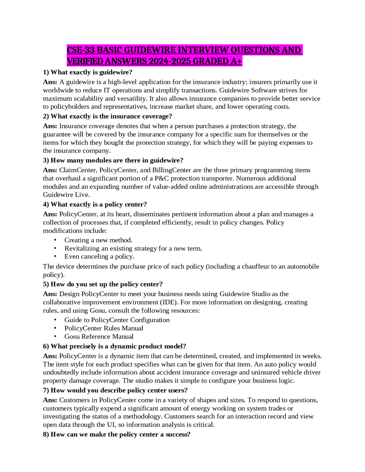 CSE-33 BASIC GUIDEWIRE INTERVIEW QUESTIONS AND VERIFIED ANSWERS 2024 ...