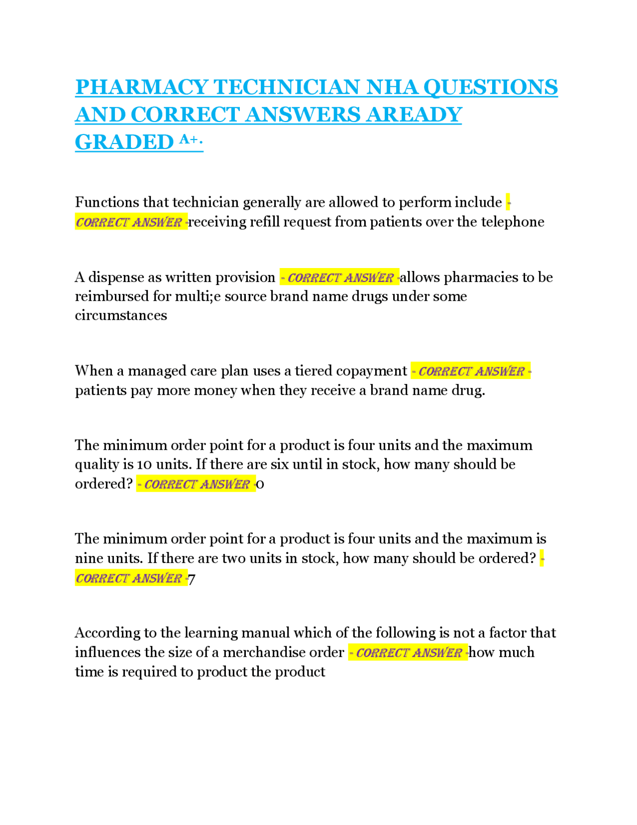 PHARMACY TECHNICIAN NHA QUESTIONS AND CORRECT ANSWERS AREADY GRADED A+ ...