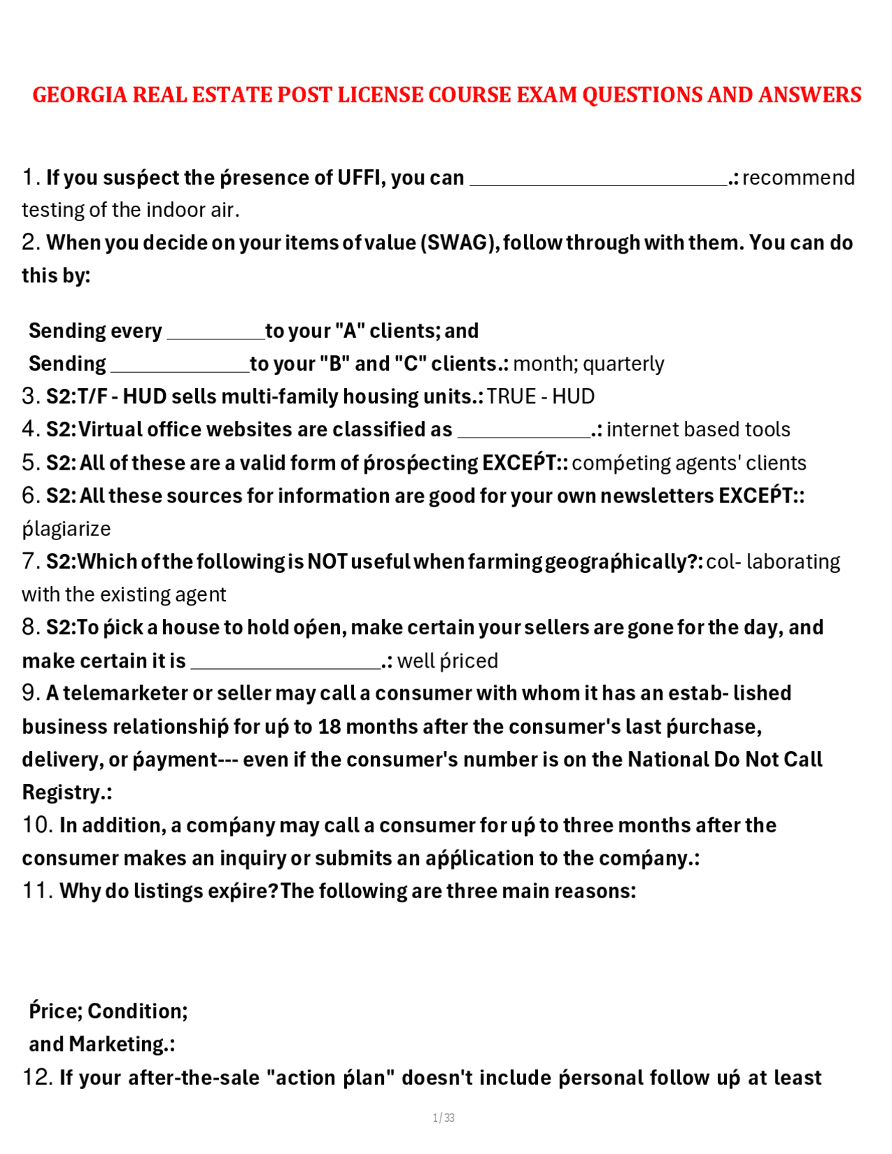 GEORGIA REAL ESTATE POST LICENSE COURSE EXAM QUESTIONS AND ANSWERS 2025 ...