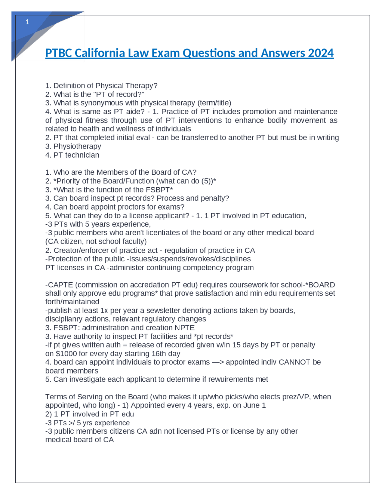PTBC California Law Exam Questions and Answers 2024 | Exams Nursing ...