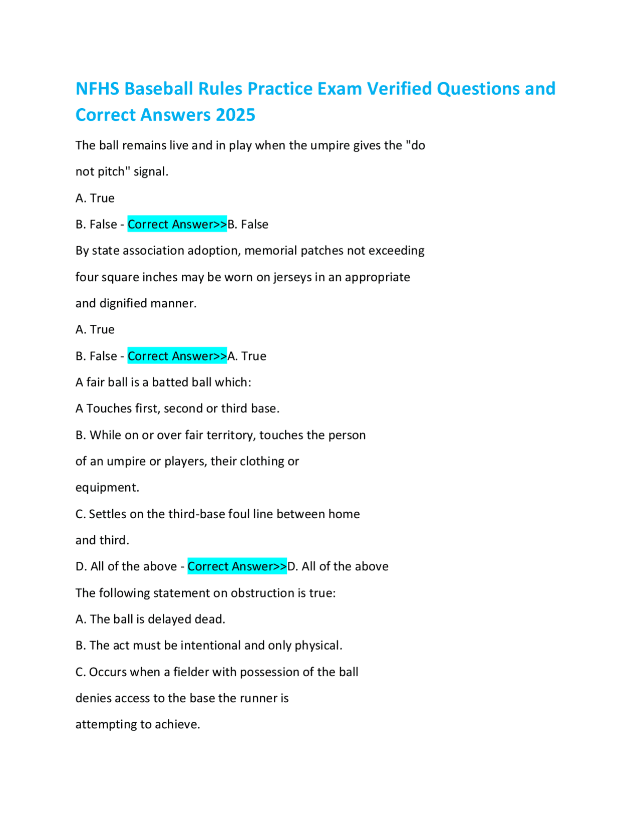 NFHS Baseball Rules Practice Exam Verified Questions and Correct ...