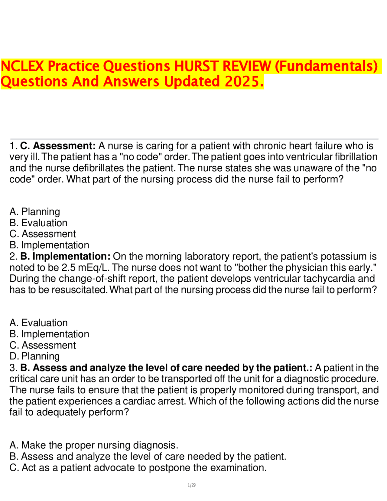 NCLEX Practice Questions HURST REVIEW (Fundamentals) Questions And ...
