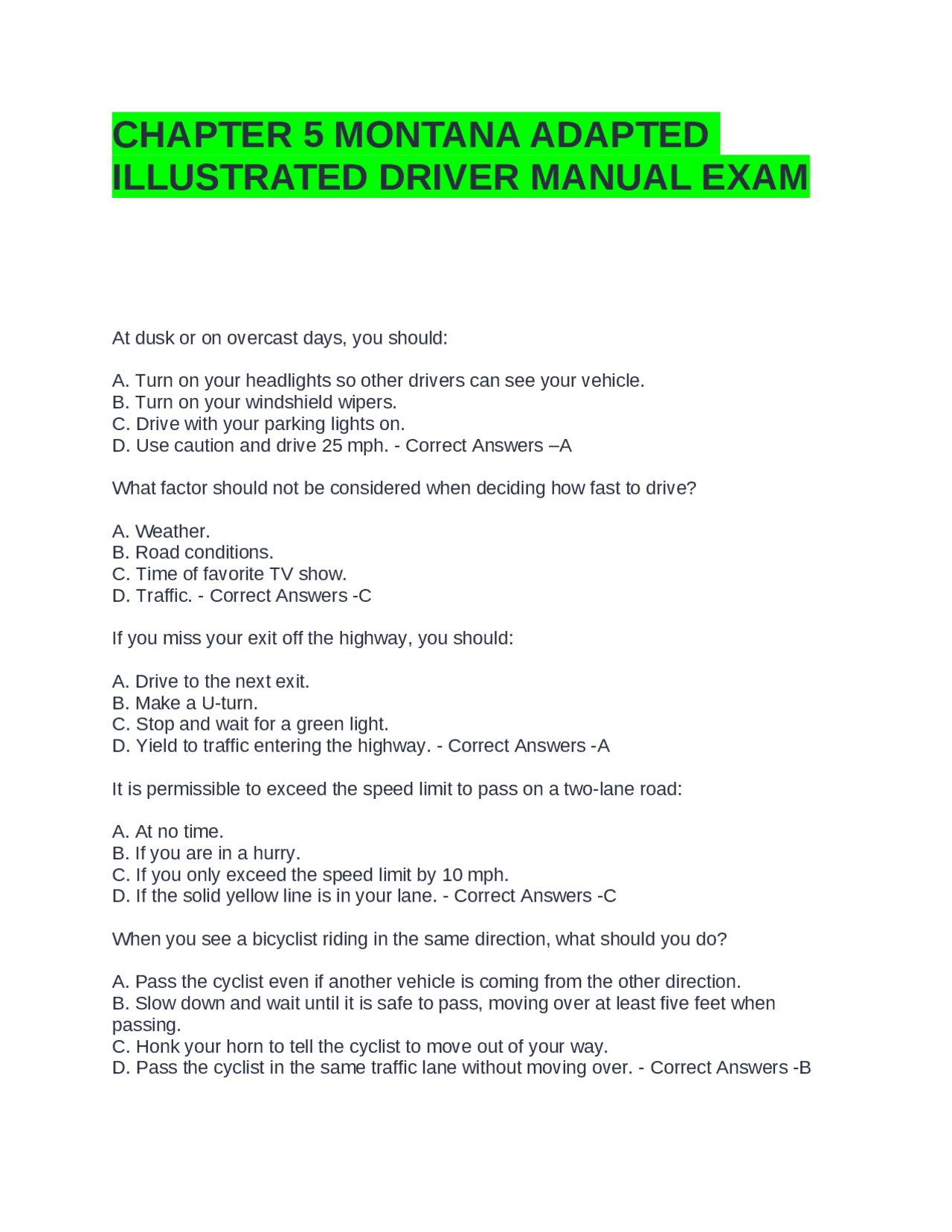CHAPTER 5 MONTANA ADAPTED ILLUSTRATED DRIVER MANUAL EXAM WITH CORRECT ...