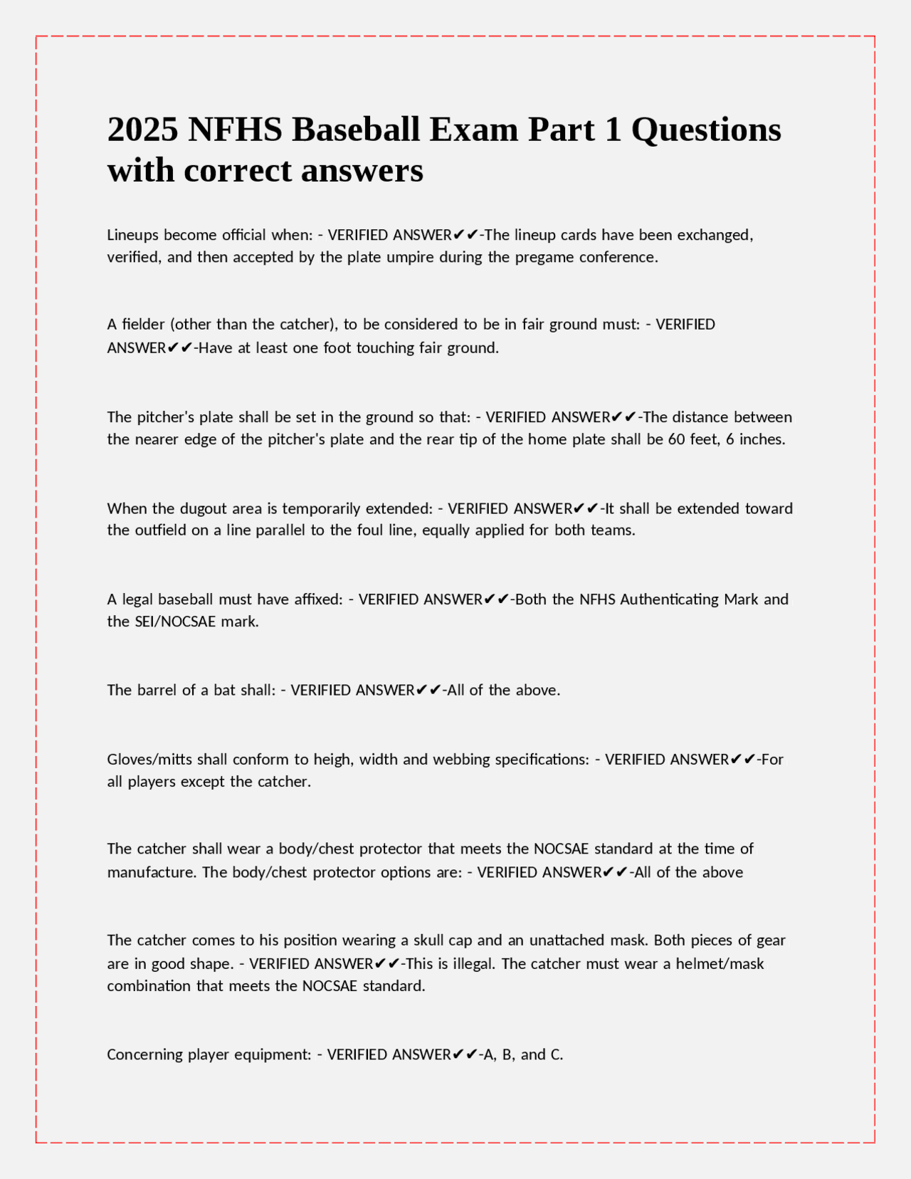 2025 NFHS Baseball Exam Part 1 Questions with correct answers. | Exams ...