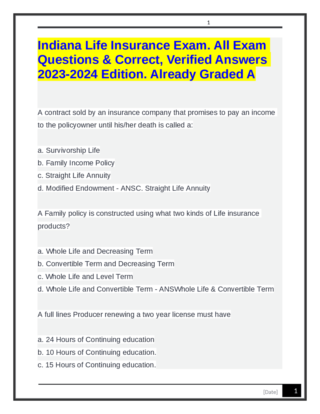 Indiana Life Insurance Exam Questions and Answers 2023-2024 | Exams ...