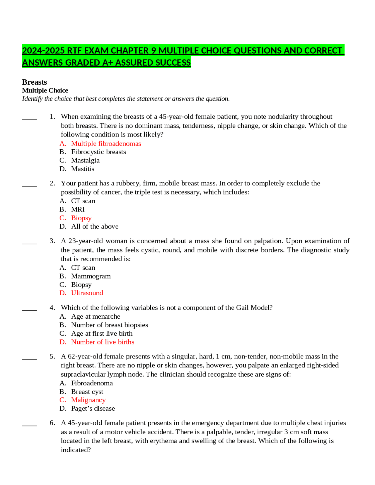2024-2025 RTF EXAM CHAPTER 9 MULTIPLE CHOICE QUESTIONS AND CORRECT ANSWERS GRADED A+ ASSUR ...