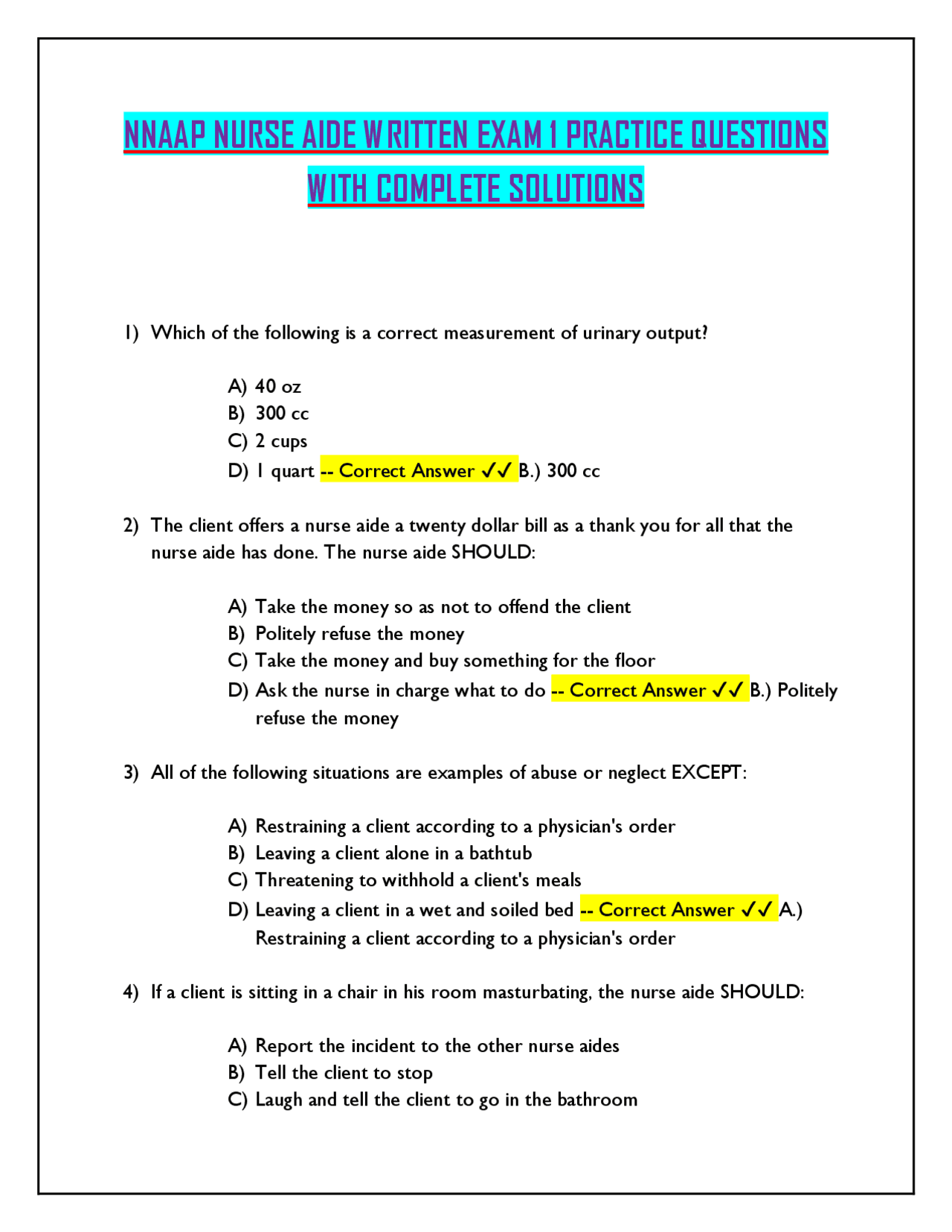NNAAP Nurse Aide Written Exam 1 Practice Questions with Complete ...