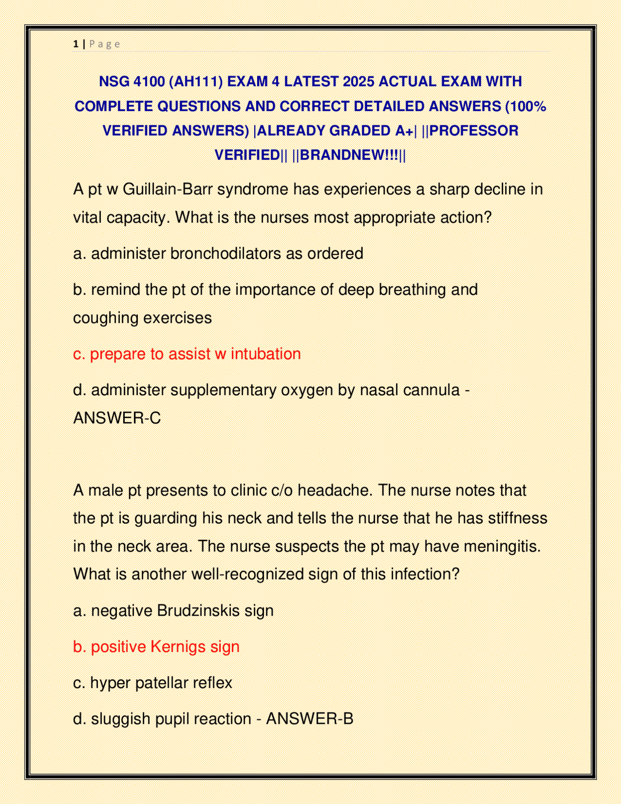 NSG 4100 Exam 4: Neurological Disorders and Shock | Exams Nursing | Docsity