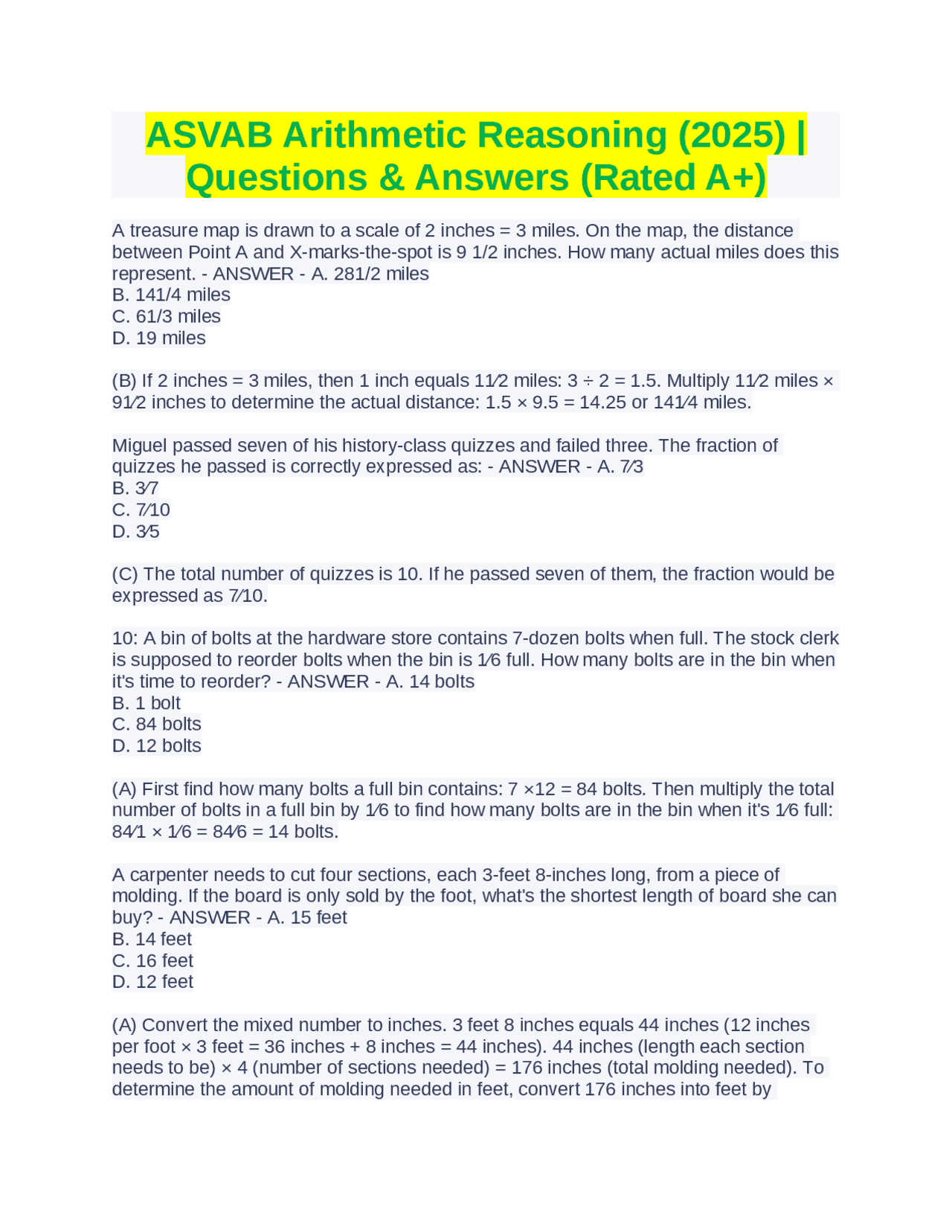 ASVAB Arithmetic Reasoning (2025) | Questions & Answers (Rated A+ ...