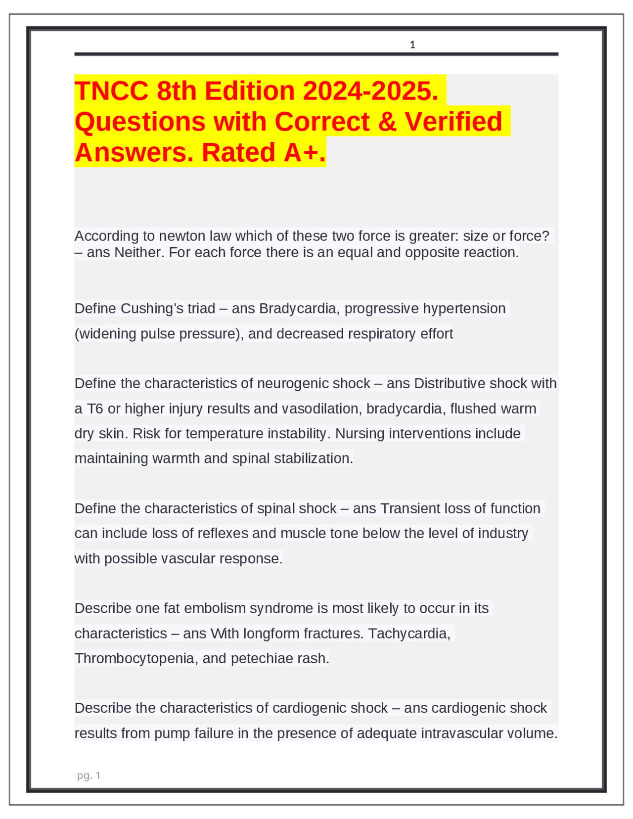 TNCC 8th Edition 2024-2025: Trauma Nursing Questions and Answers ...