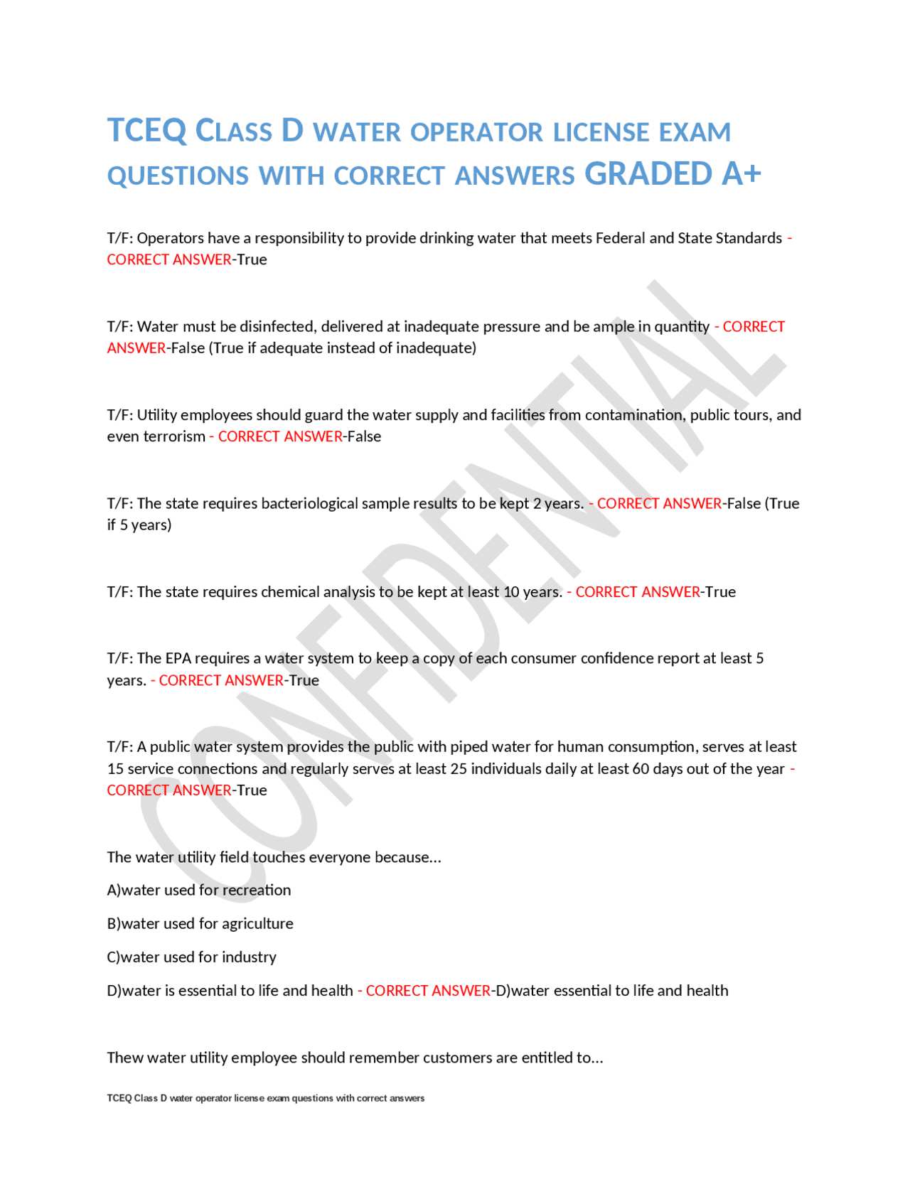 TCEQ Class D Water Operator License Exam Questions and Answers | Exams ...