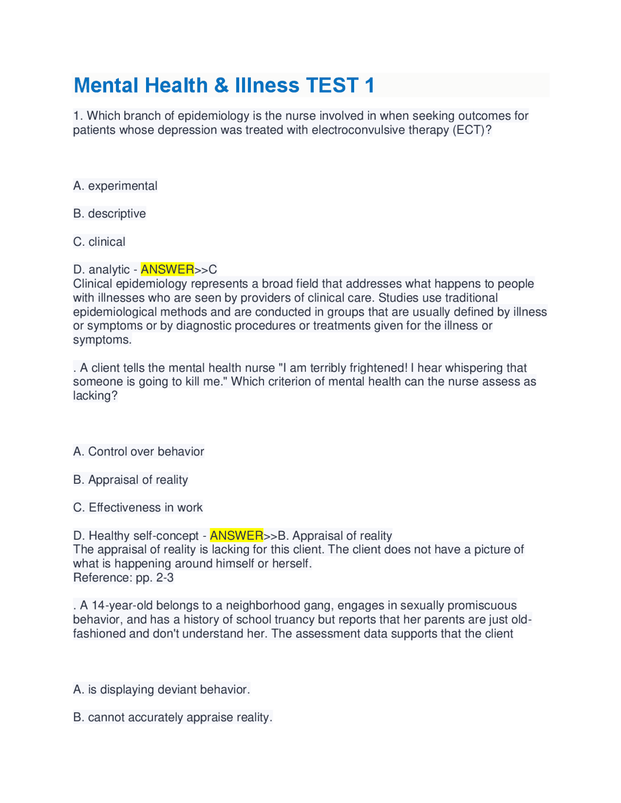 Mental Health & Illness TEST 1 | Exams Psychology | Docsity