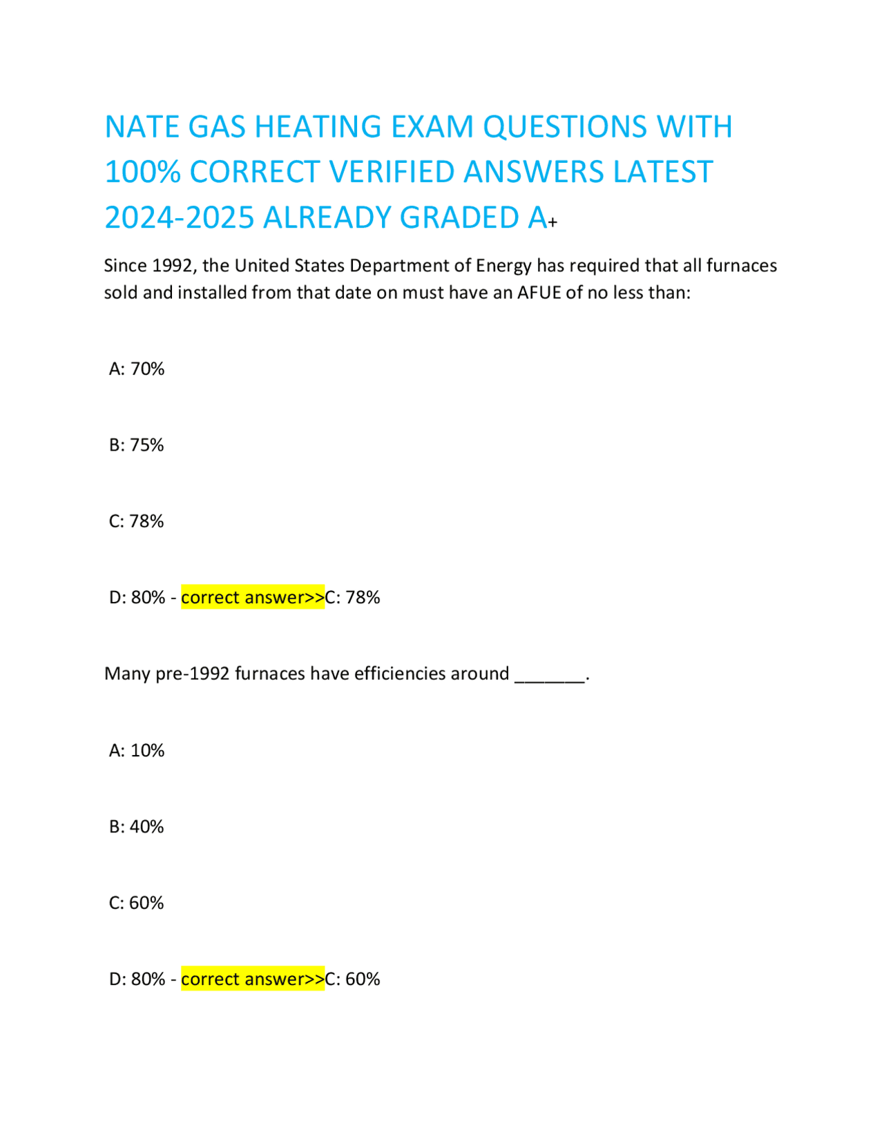 NATE GAS HEATING EXAM QUESTIONS WITH 100% CORRECT VERIFIED ANSWERS ...