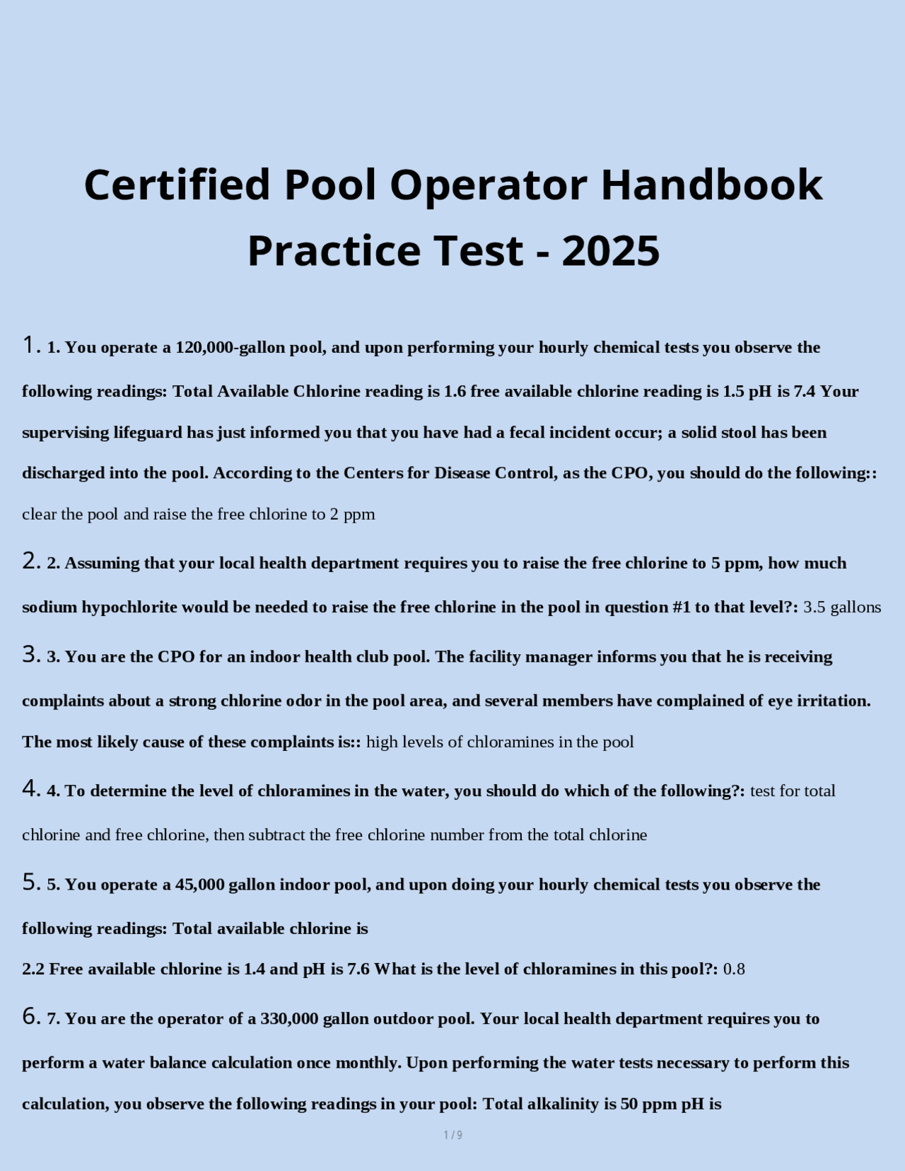 Certified Pool Operator Handbook Practice Test - 2025 | Exams Science ...