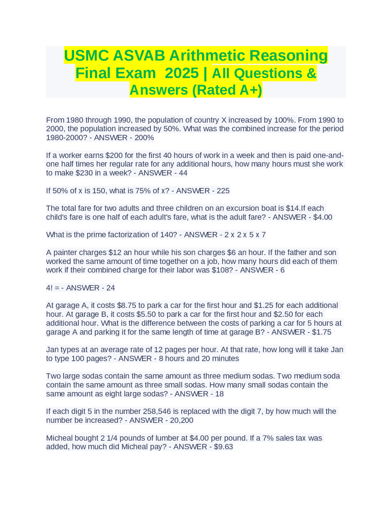 USMC ASVAB Arithmetic Reasoning Final Exam 2025 | All Questions ...