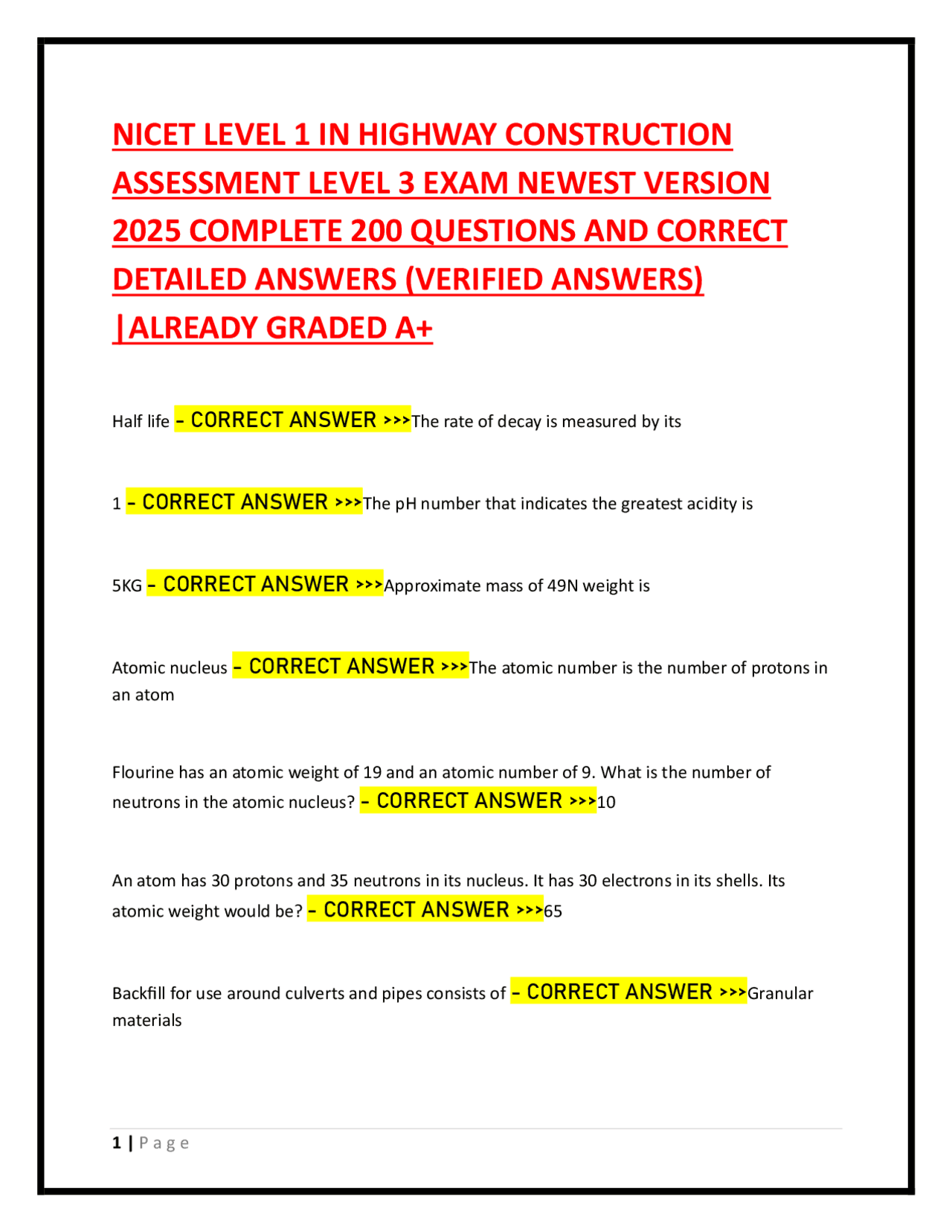 NICET LEVEL 1 IN HIGHWAY CONSTRUCTION ASSESSMENT LEVEL 3 EXAM NEWEST ...