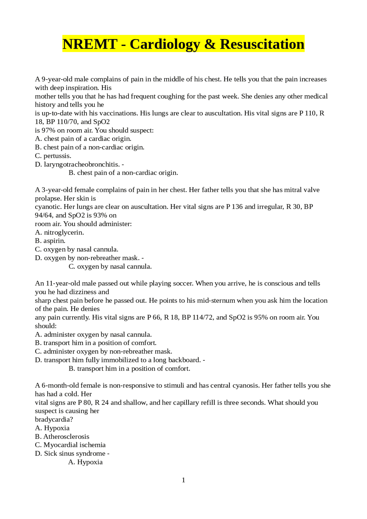 NREMT - Cardiology & Resuscitation | Exams Nursing | Docsity