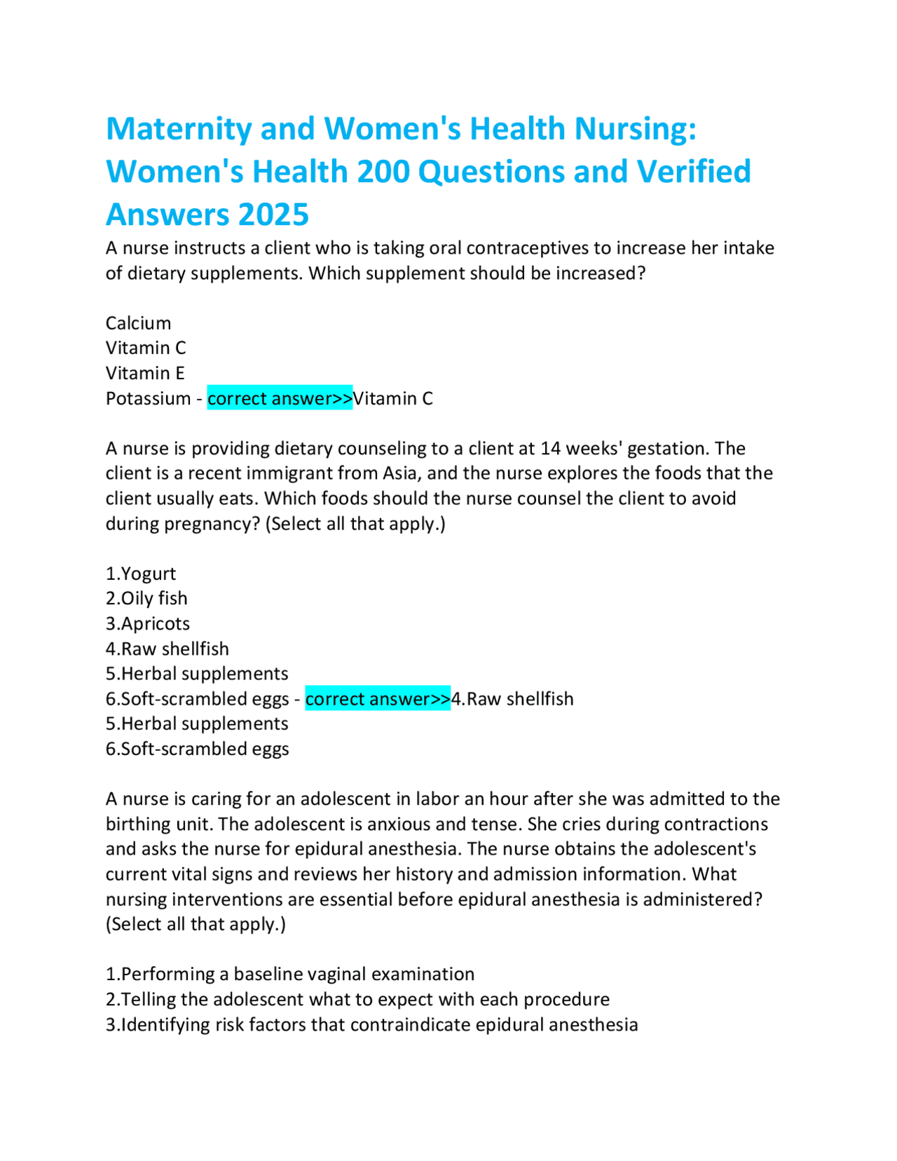 Maternity and Women's Health Nursing: Women's Health 200 Questions and ...