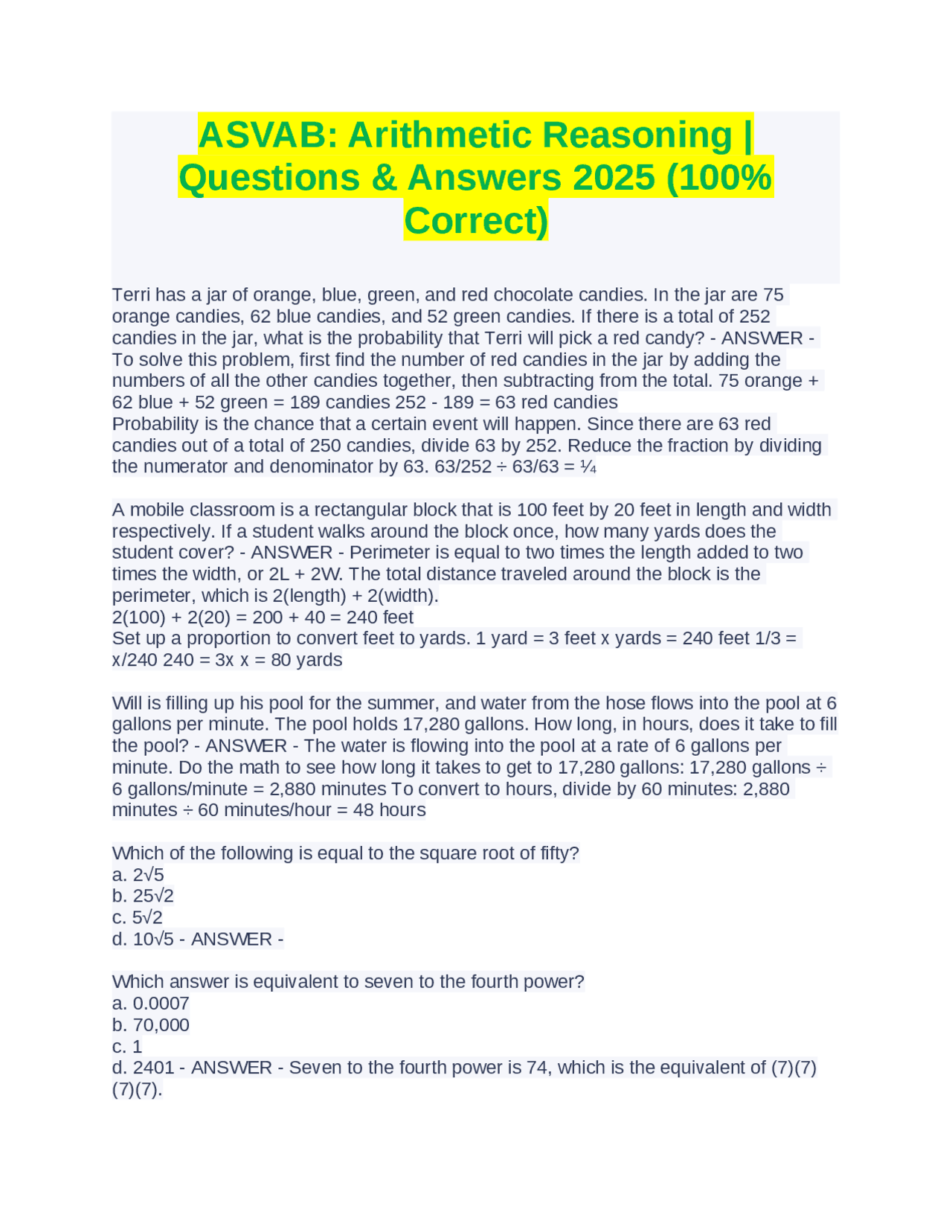 ASVAB: Arithmetic Reasoning | Questions & Answers 2025 (100% Correct) | Exams Mathematics | Docsity