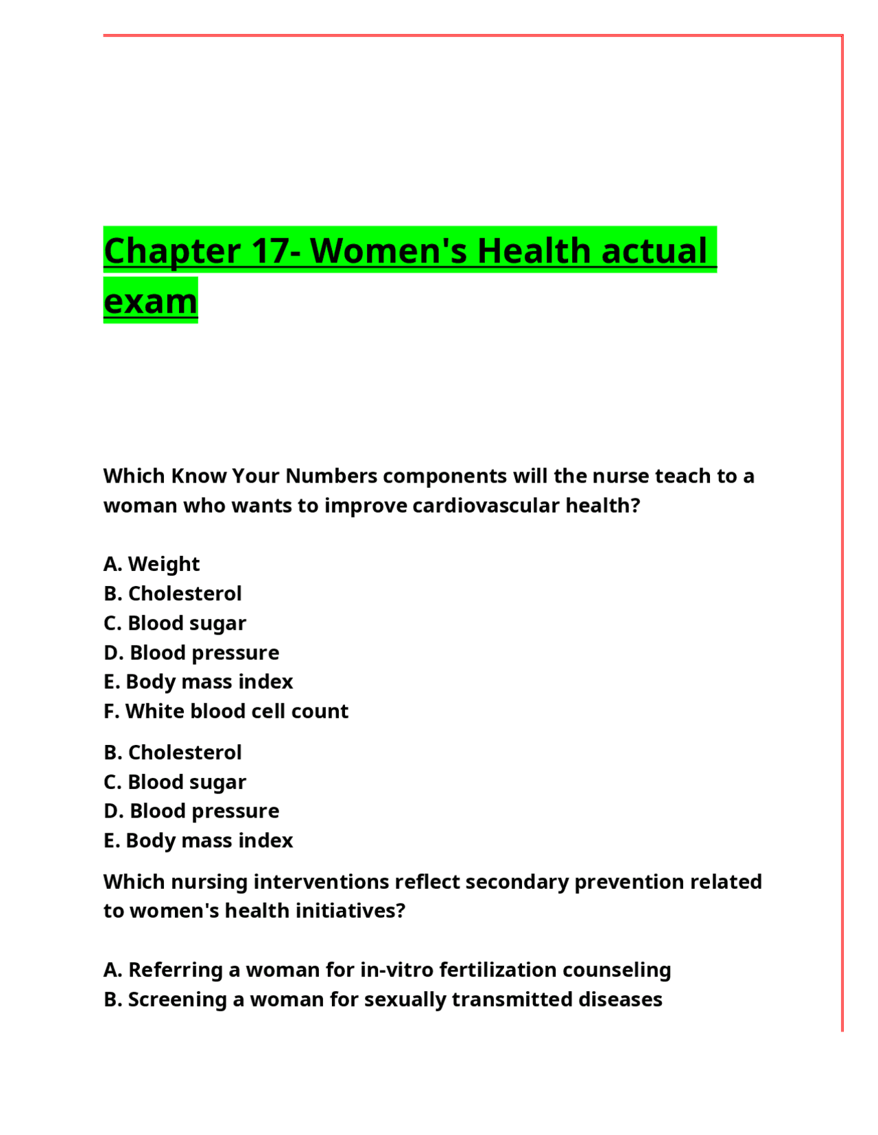 Chapter 17- Women's Health actual exam.docx | Exams Nursing | Docsity