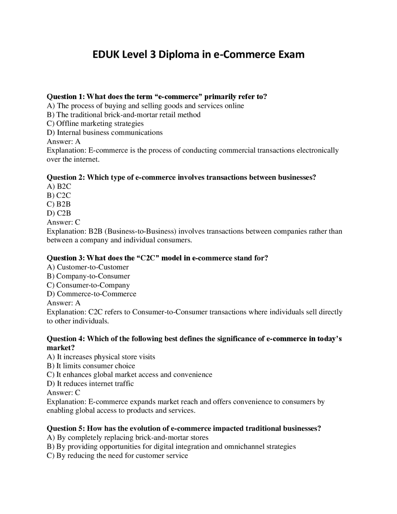 EDUK Level 3 Diploma in e-Commerce Exam | Exams Technology | Docsity